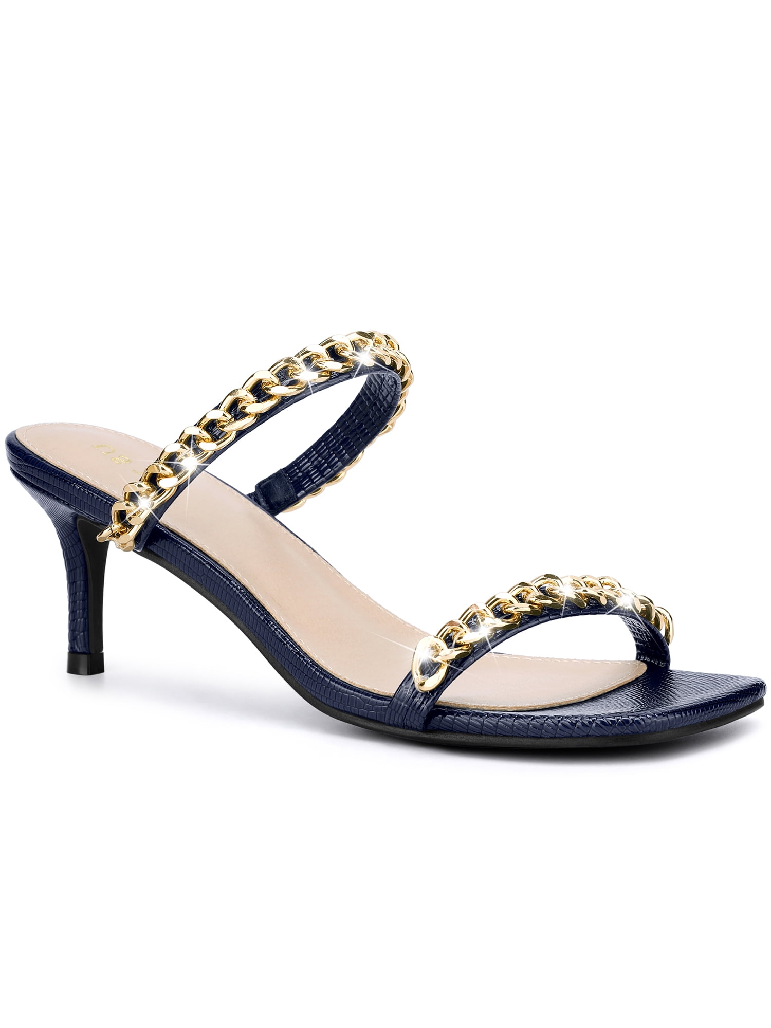 Perphy Square Toe Chain Stiletto Heels Slide Sandals for Women Navy ...