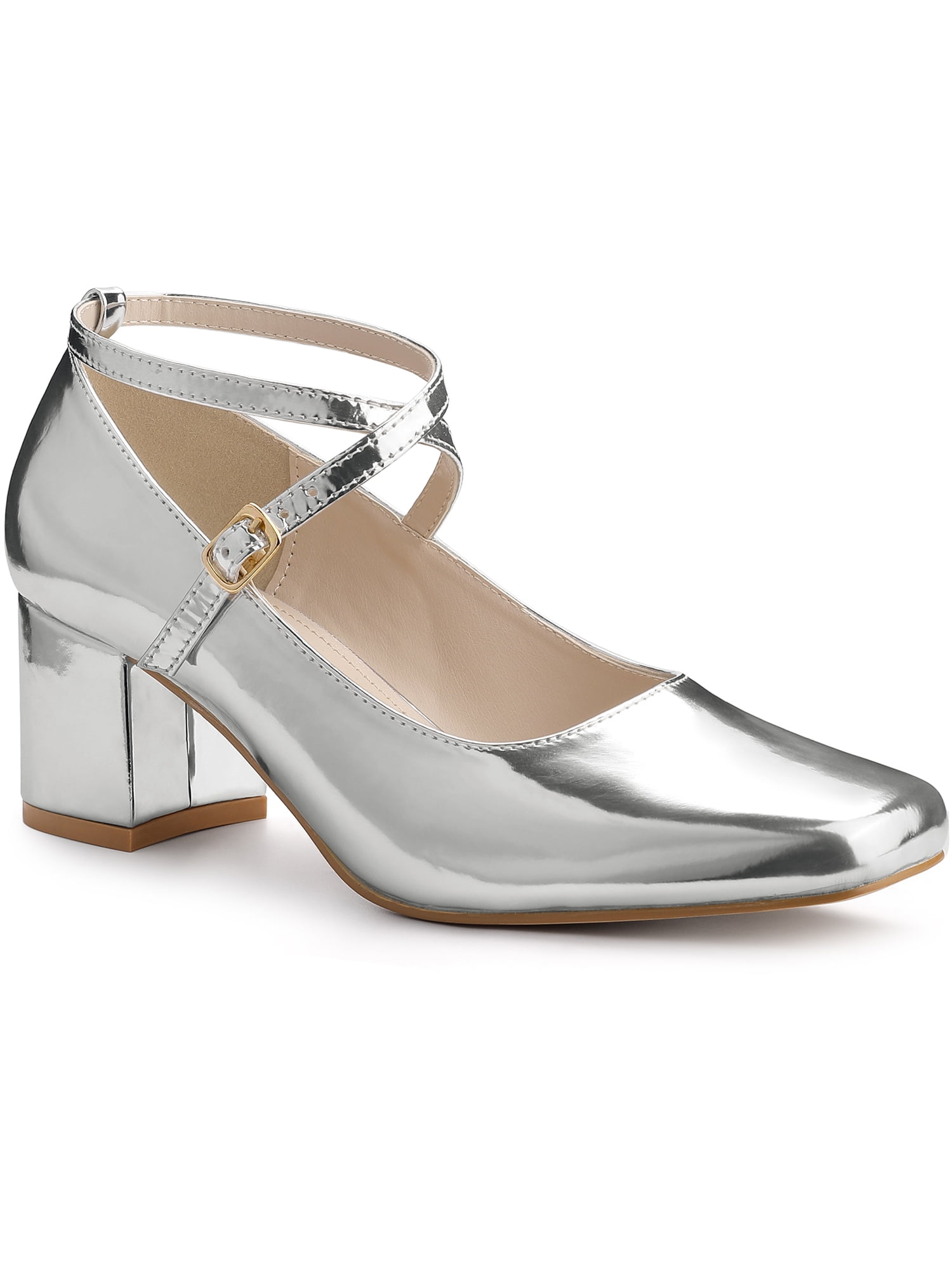 BLISSFUL STEP Square Toe Crisscross Strap Block Heel Pumps for Women ...