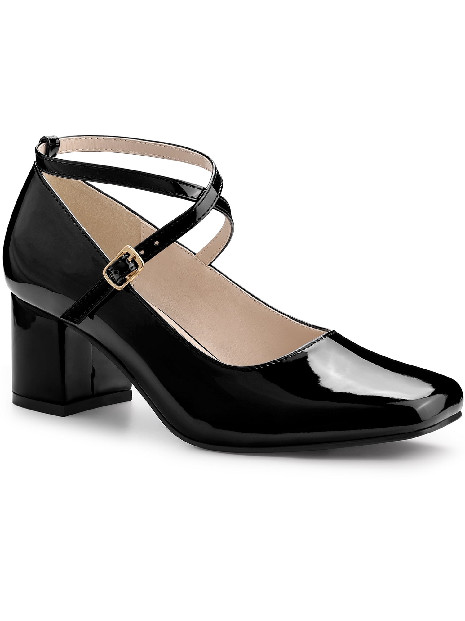 BLISSFUL STEP Square Toe Crisscross Strap Block Heel Pumps for Women ...