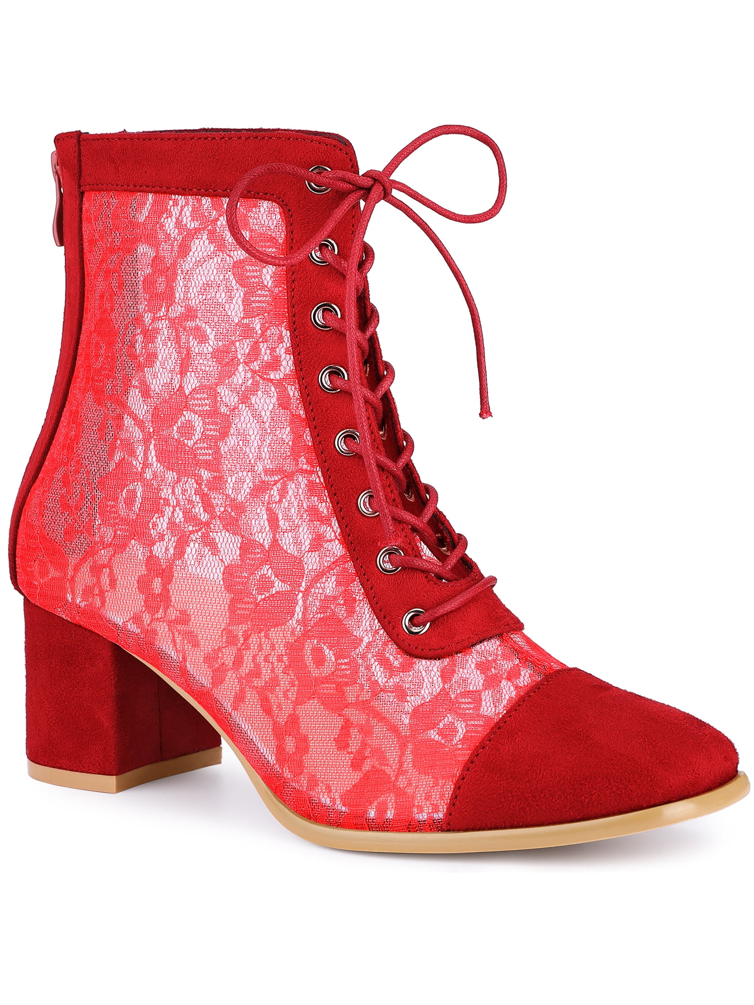 BLISSFUL STEP Square Toe Lace Up Flowers Lace Block Heels Ankle Boots ...