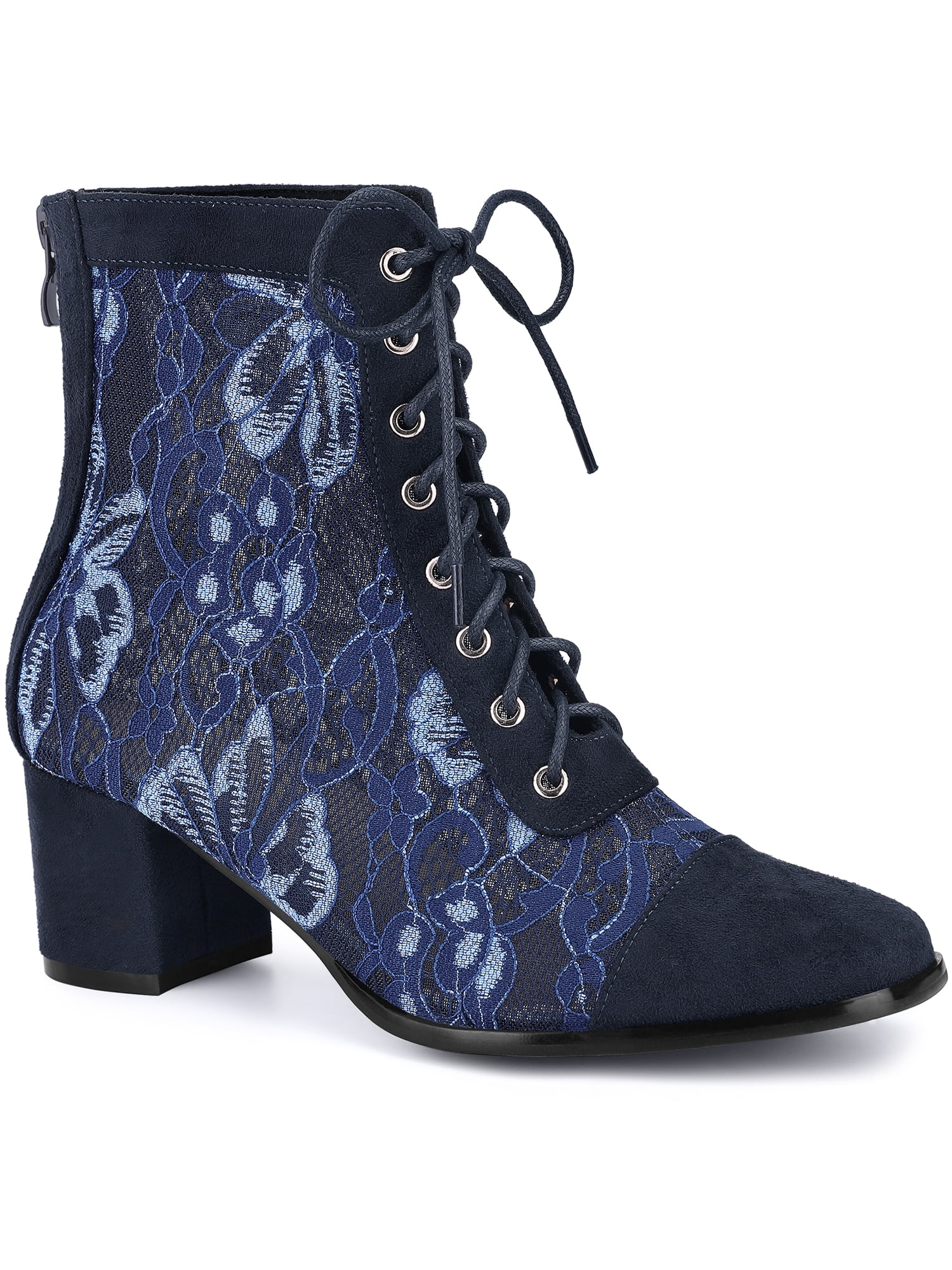 BLISSFUL STEP Women's Block Heels Square Toe Lace Up Floral Ankle Boots ...
