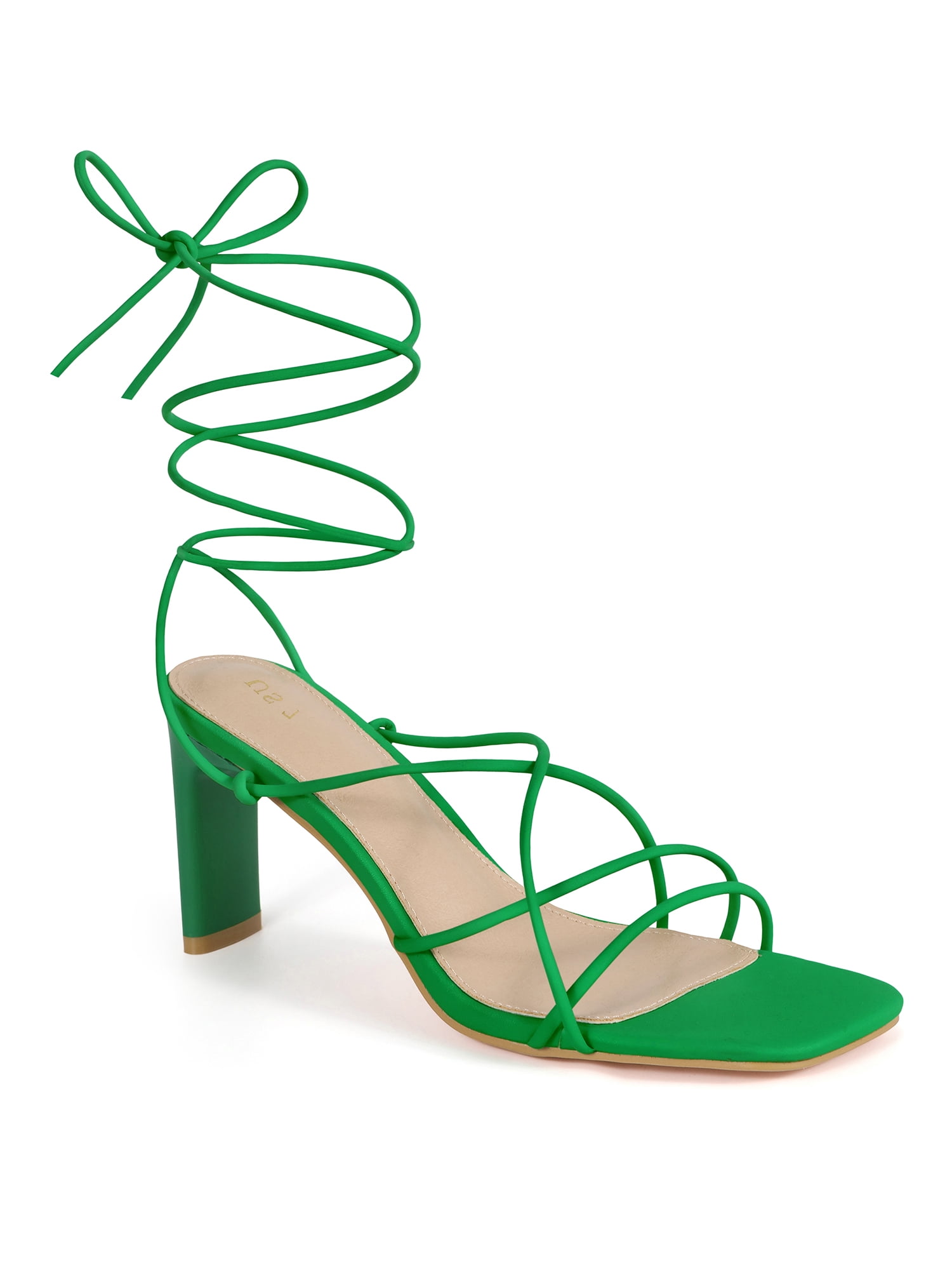 BLISSFUL STEP Square Toe Strappy Lace Up Block Heel Sandals for Women ...
