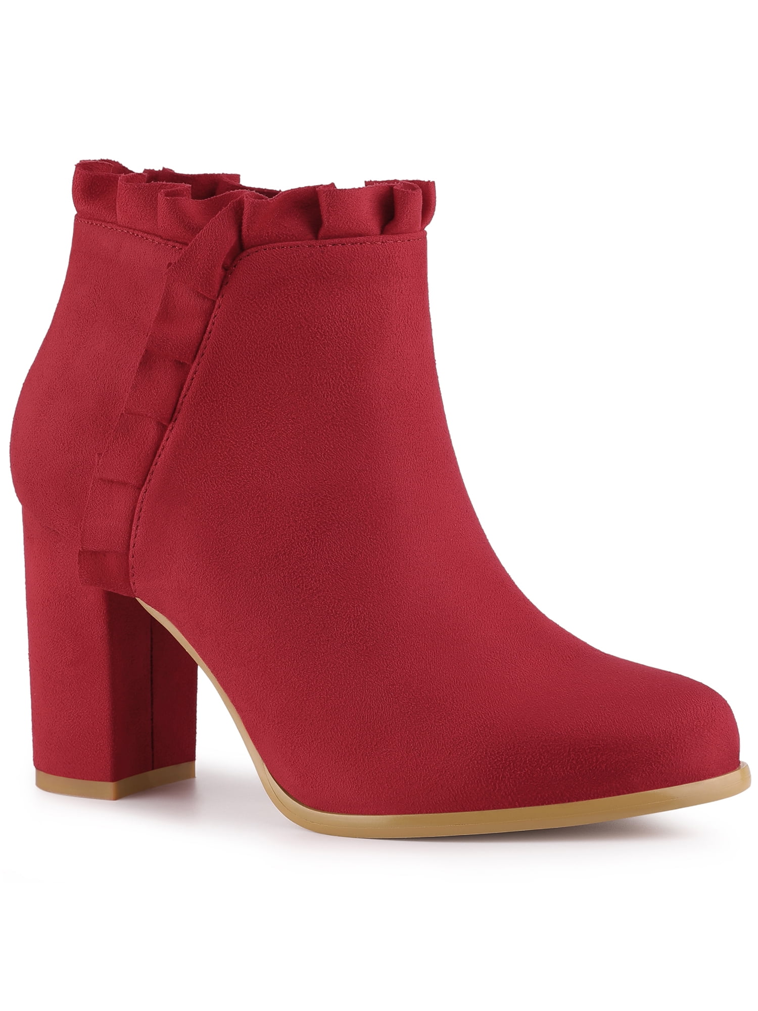 BLISSFUL STEP Women Ruffle Block High Heels Ankle Boots for Women Red 8 ...