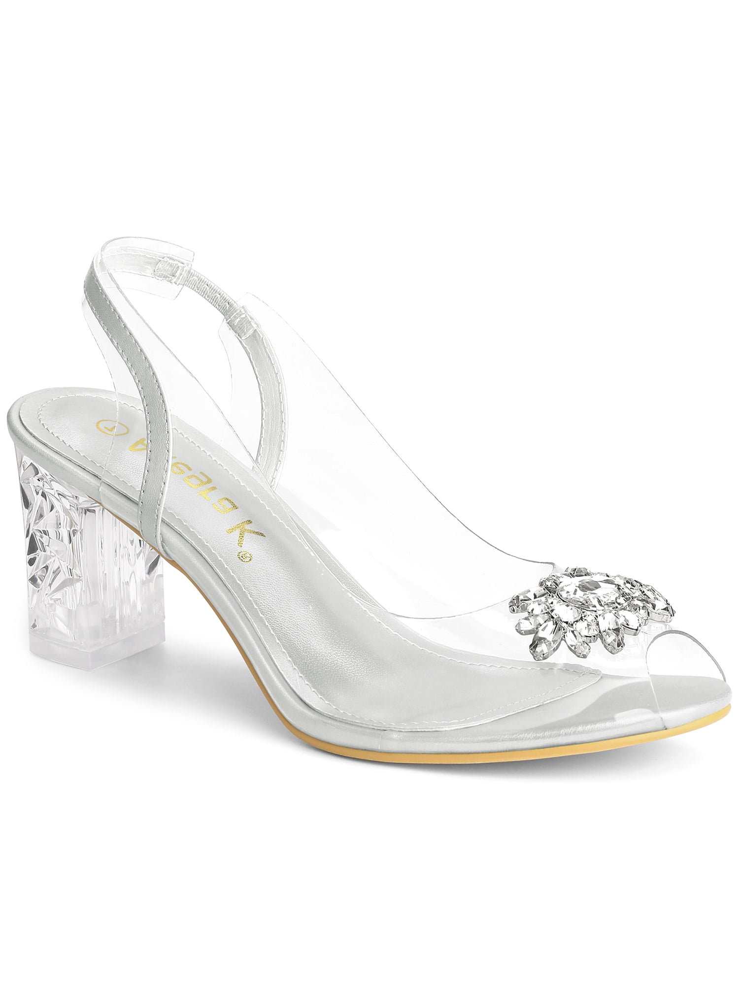 Perphy Womens Clear Slingback Rhinestone Peep Toe Block Heels Sandals