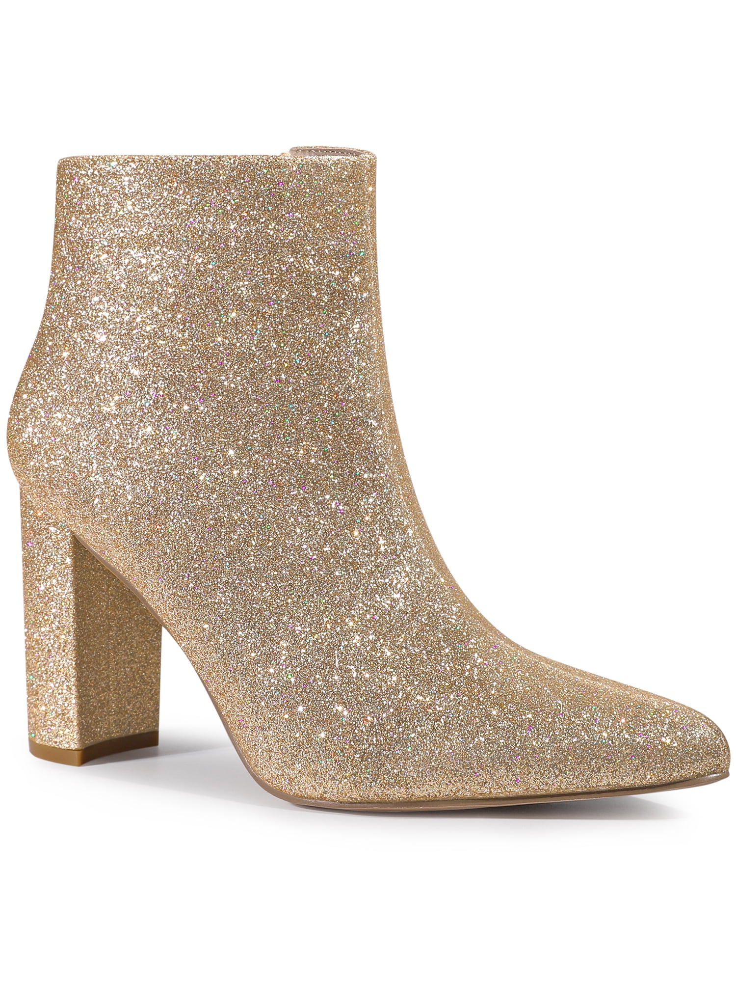 BLISSFUL STEP Women's Glitter Pointed Toe Block Heel Sparkly Booties ...