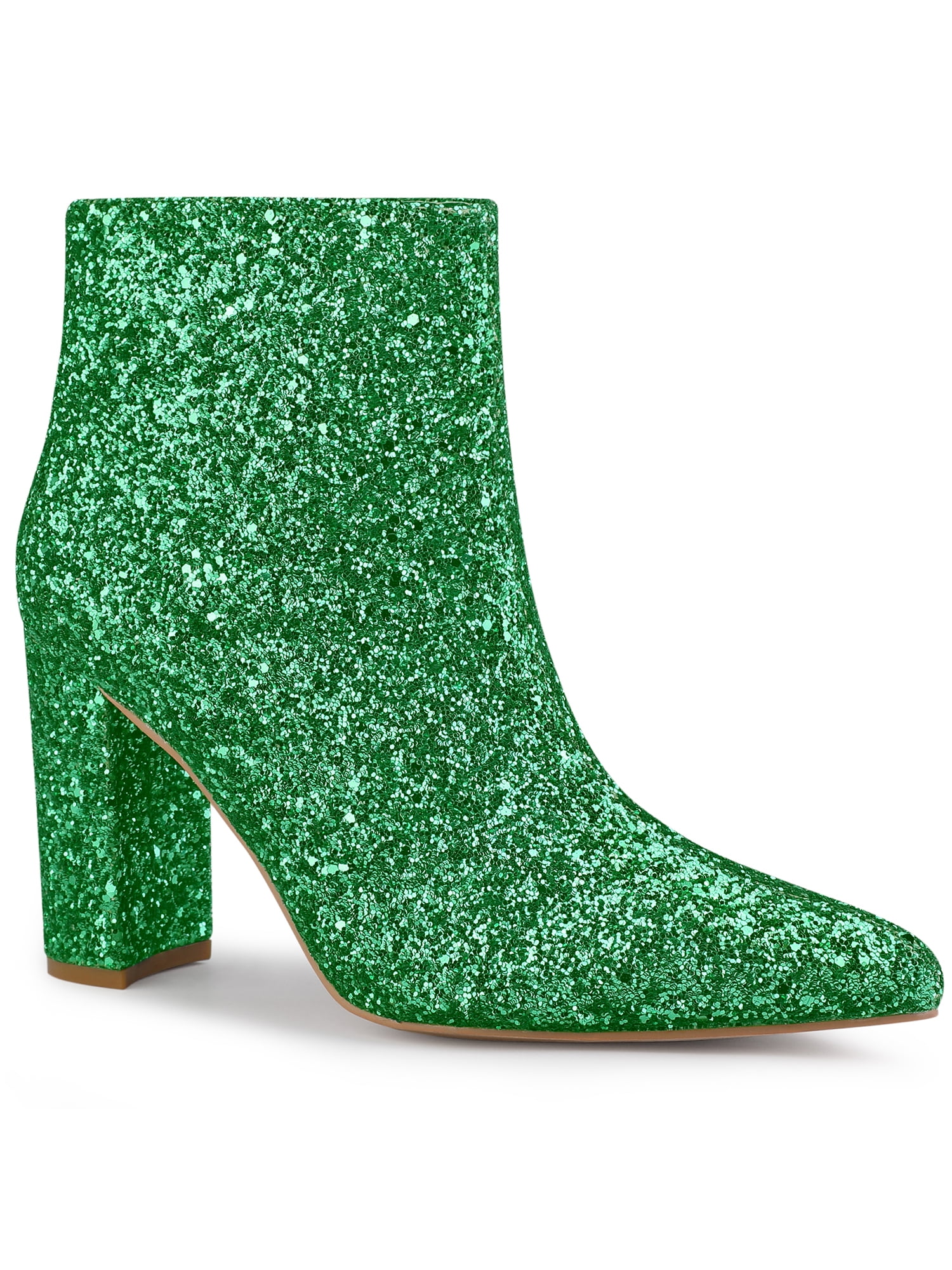 BLISSFUL STEP Women's Glitter Pointed Toe Block Heel Sparkly Booties ...