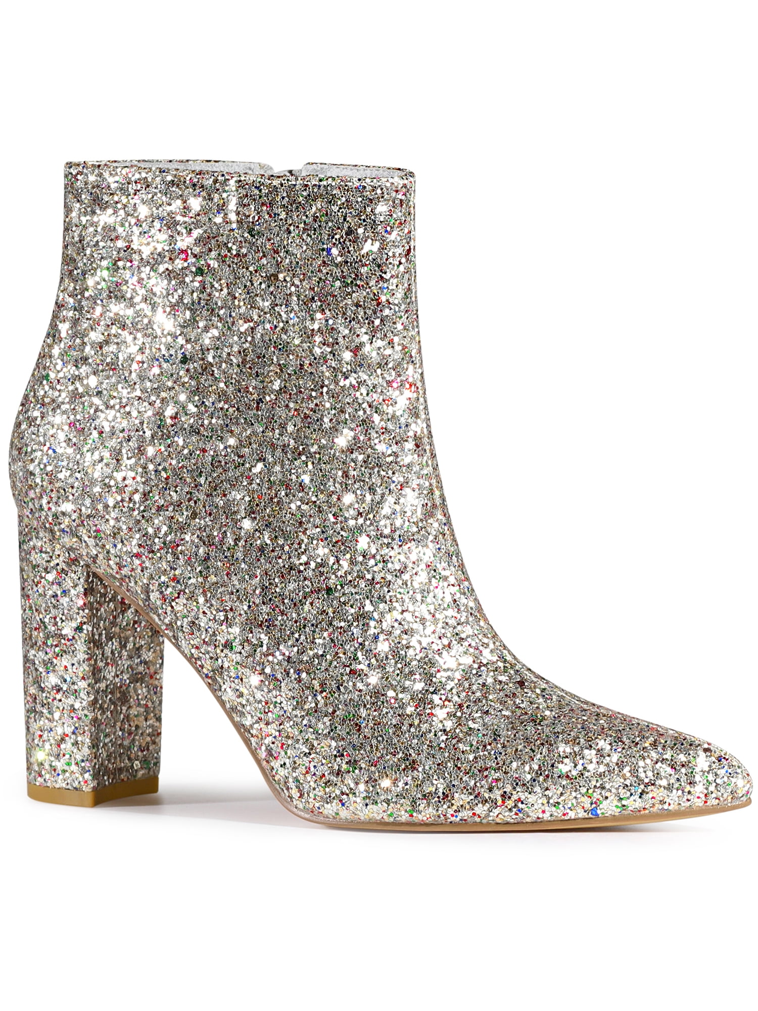 BLISSFUL STEP Women's Glitter Pointed Toe Block Heel Sparkly Booties ...
