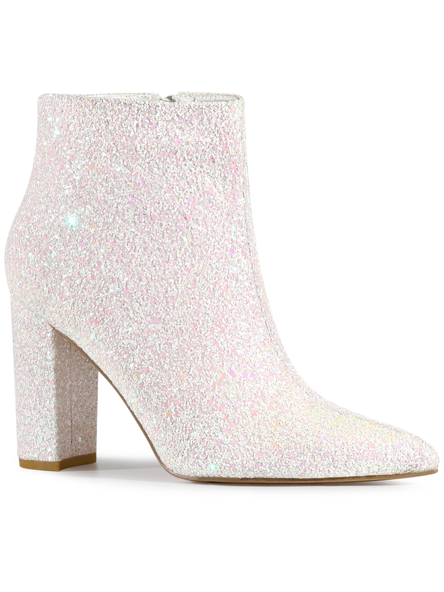 BLISSFUL STEP Women's Glitter Pointed Toe Block Heel Sparkly Booties ...