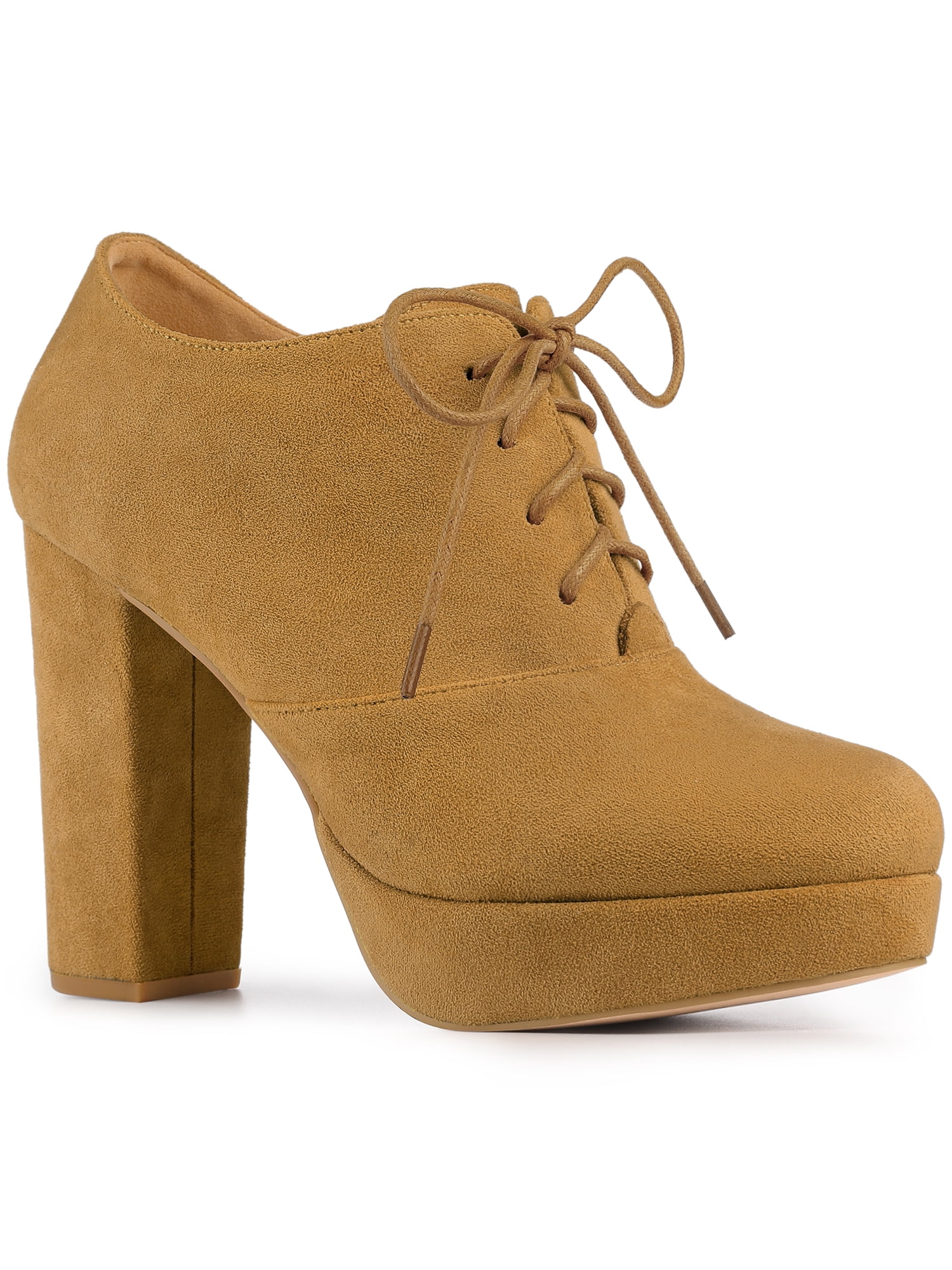 BLISSFUL STEP Women's Platform Block Heel Lace Up Ankle Booties Brown 7 ...