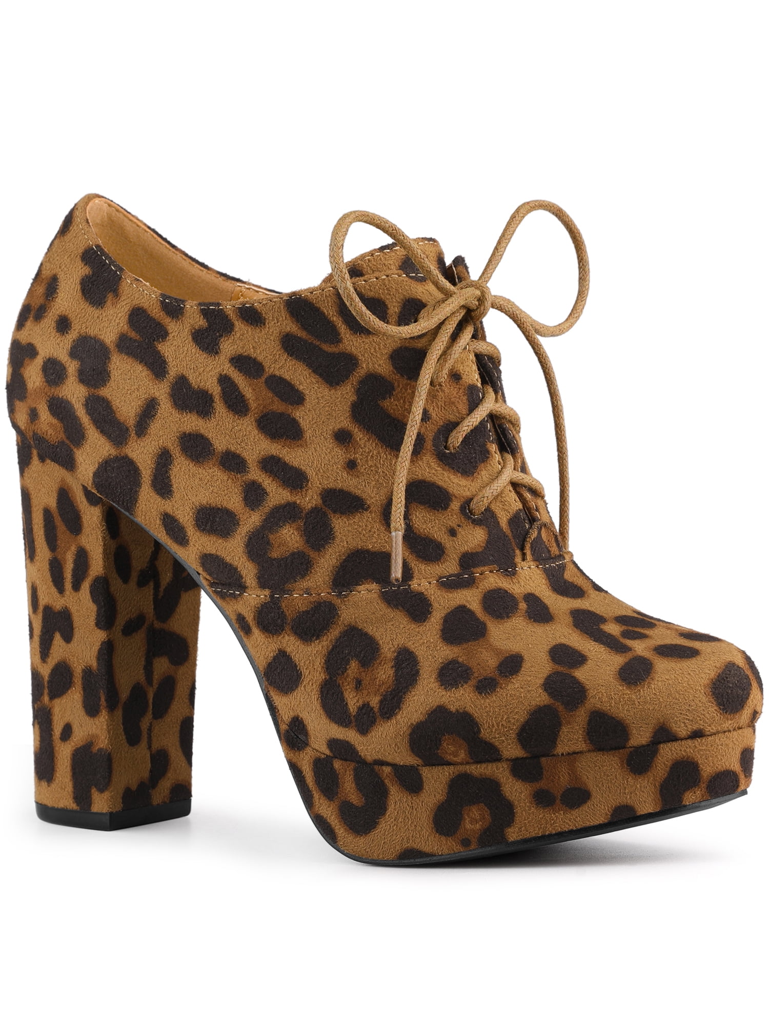 Perphy Women's Platform Block Heel Lace Up Ankle Booties Leopard 8 ...