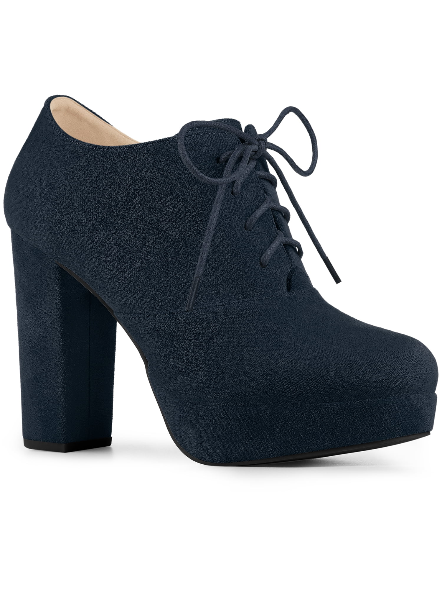 BLISSFUL STEP Women's Platform Block Heel Lace Up Ankle Booties Navy ...