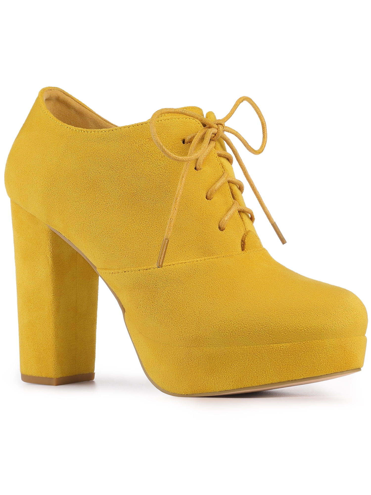 BLISSFUL STEP Women's Platform Block Heel Lace Up Ankle Booties Yellow ...