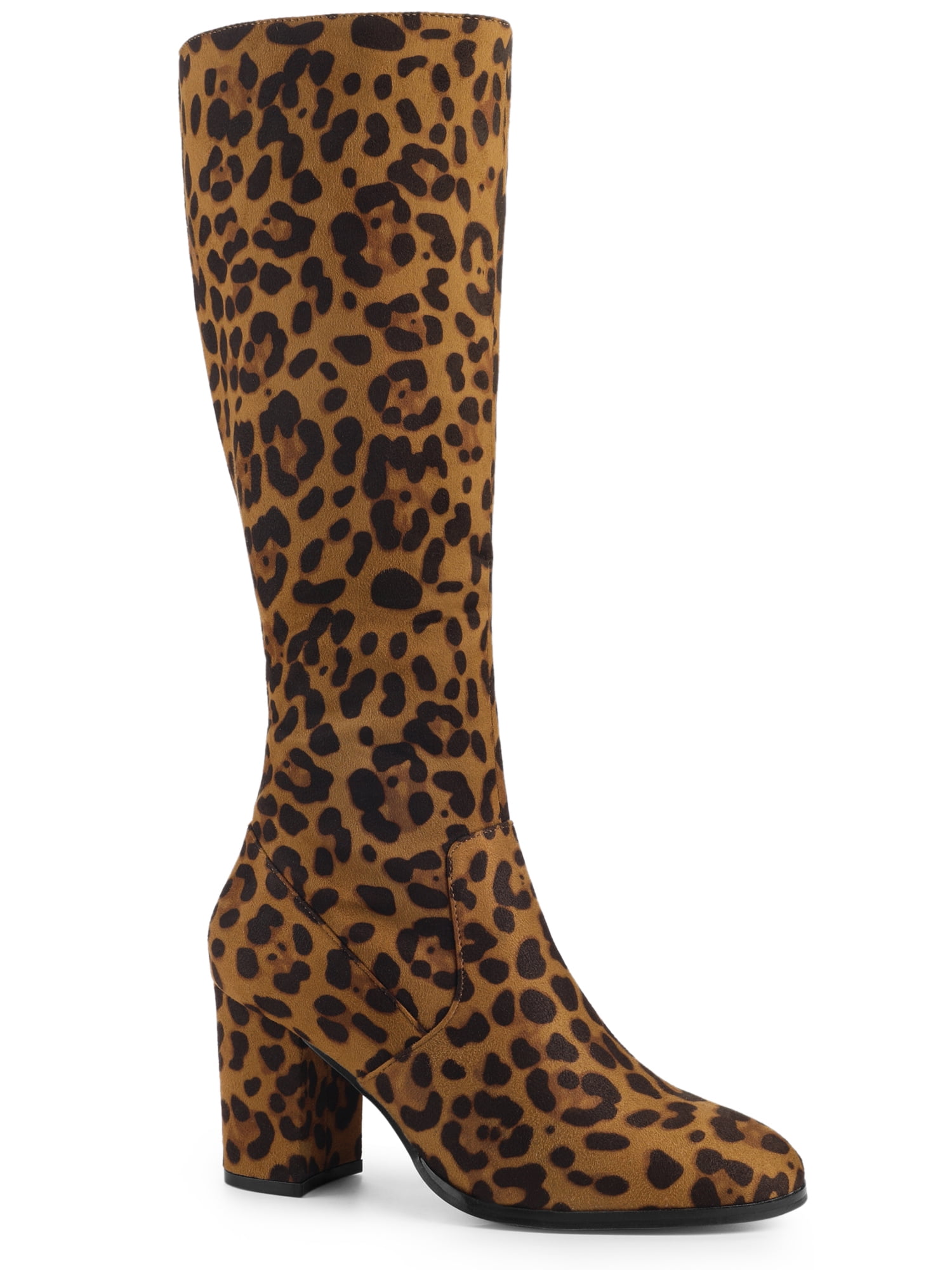 BLISSFUL STEP Women's Round Toe Block Heels Knee High Boots Leopard 7 ...