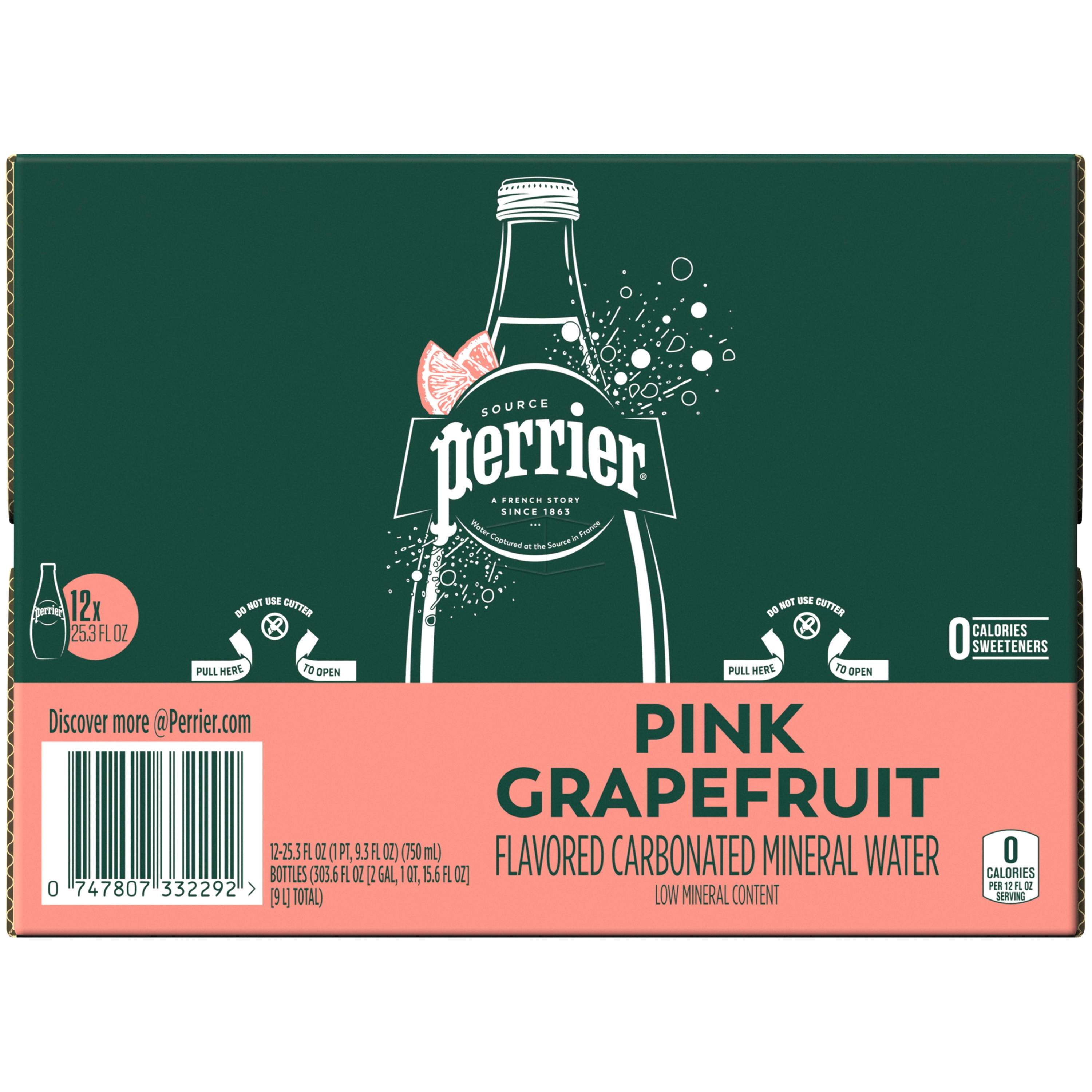 Perrier Pink Grapefruit Flavored Sparkling Water, 303.6 fl oz, 12 Pack Glass Water Bottles ...