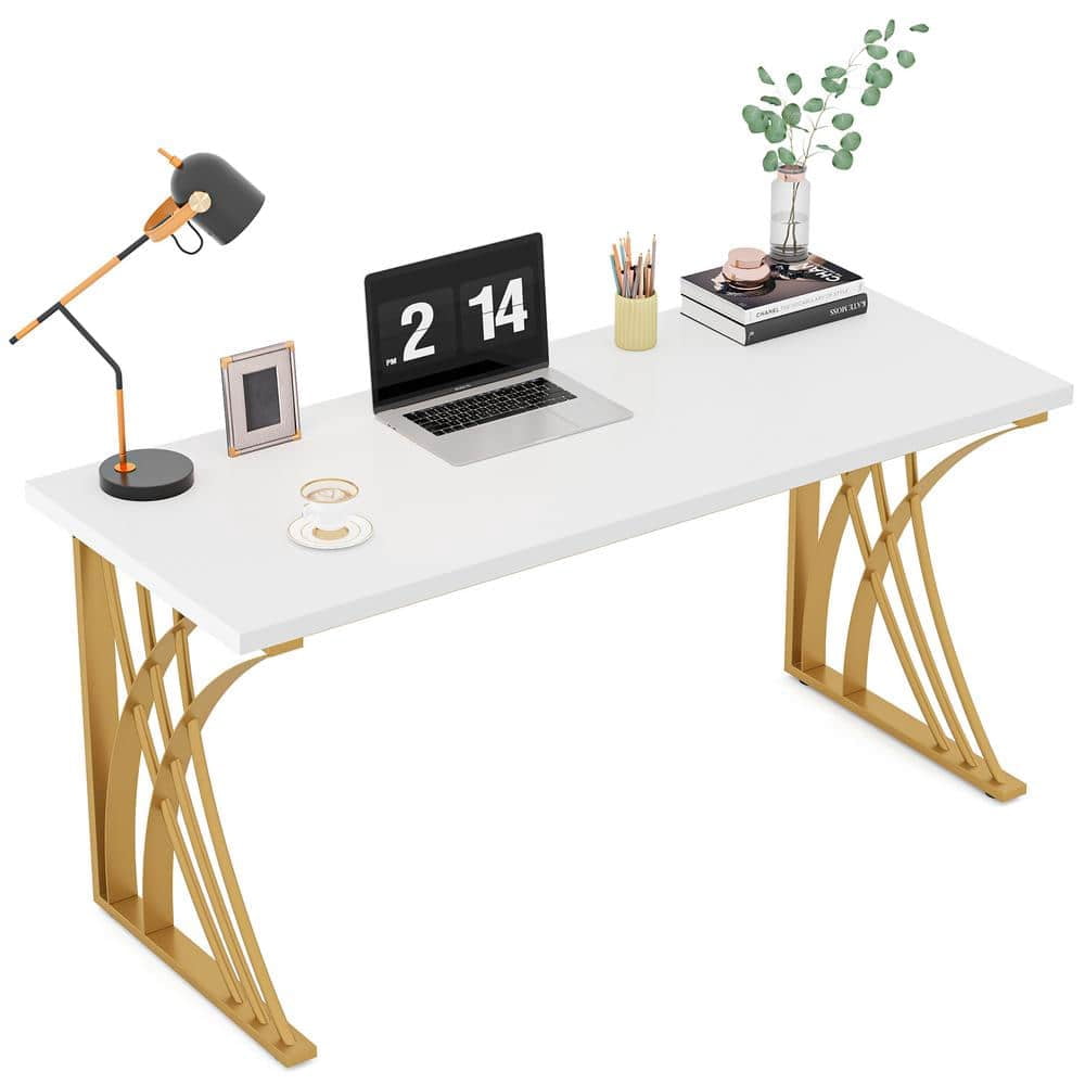 Perry 55 in. White Gold Wood Laptop PC Computer Desk Console Makeup ...