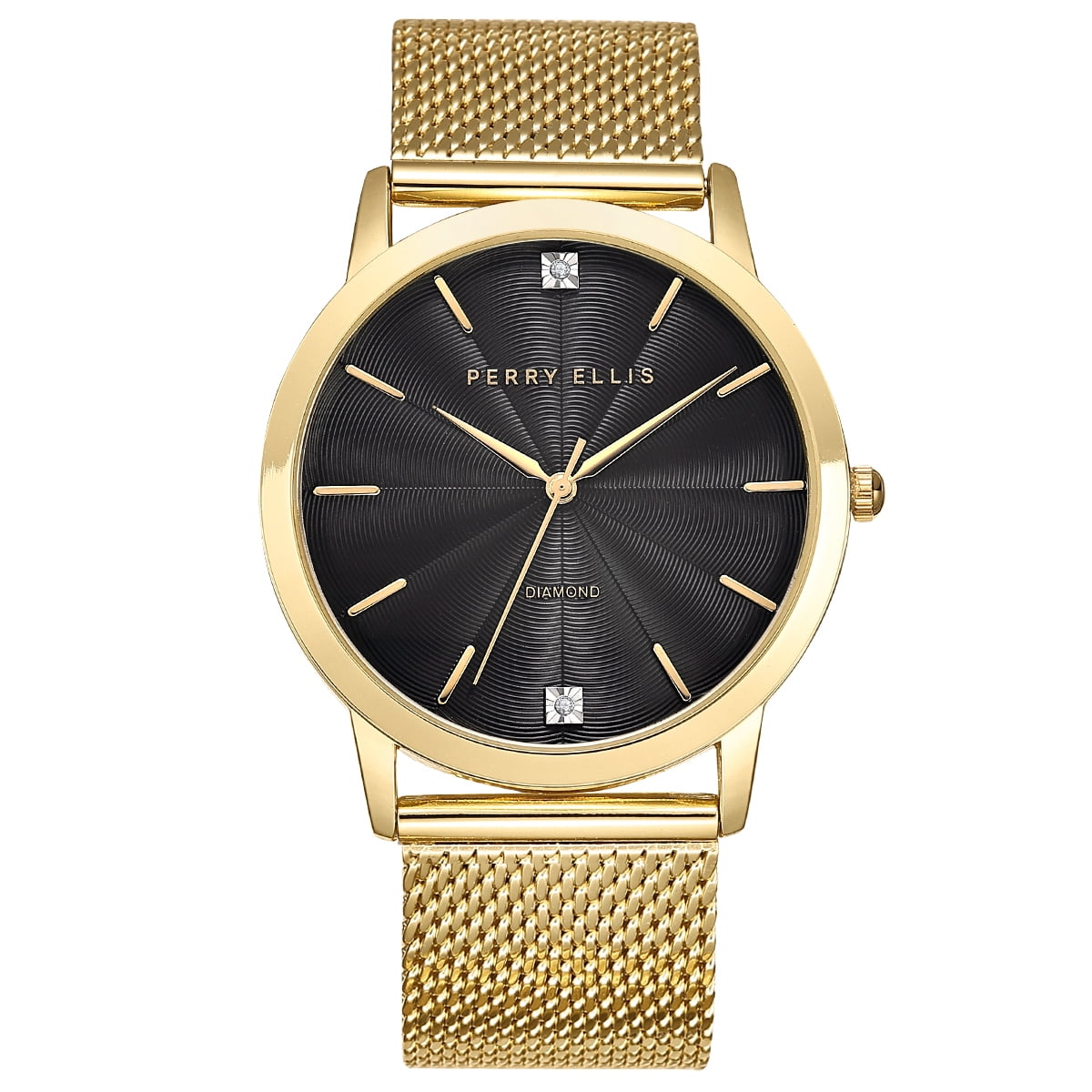 Perry Ellis Slim Diamond Men’s Watch – Round Black Dial, Gold Alloy ...