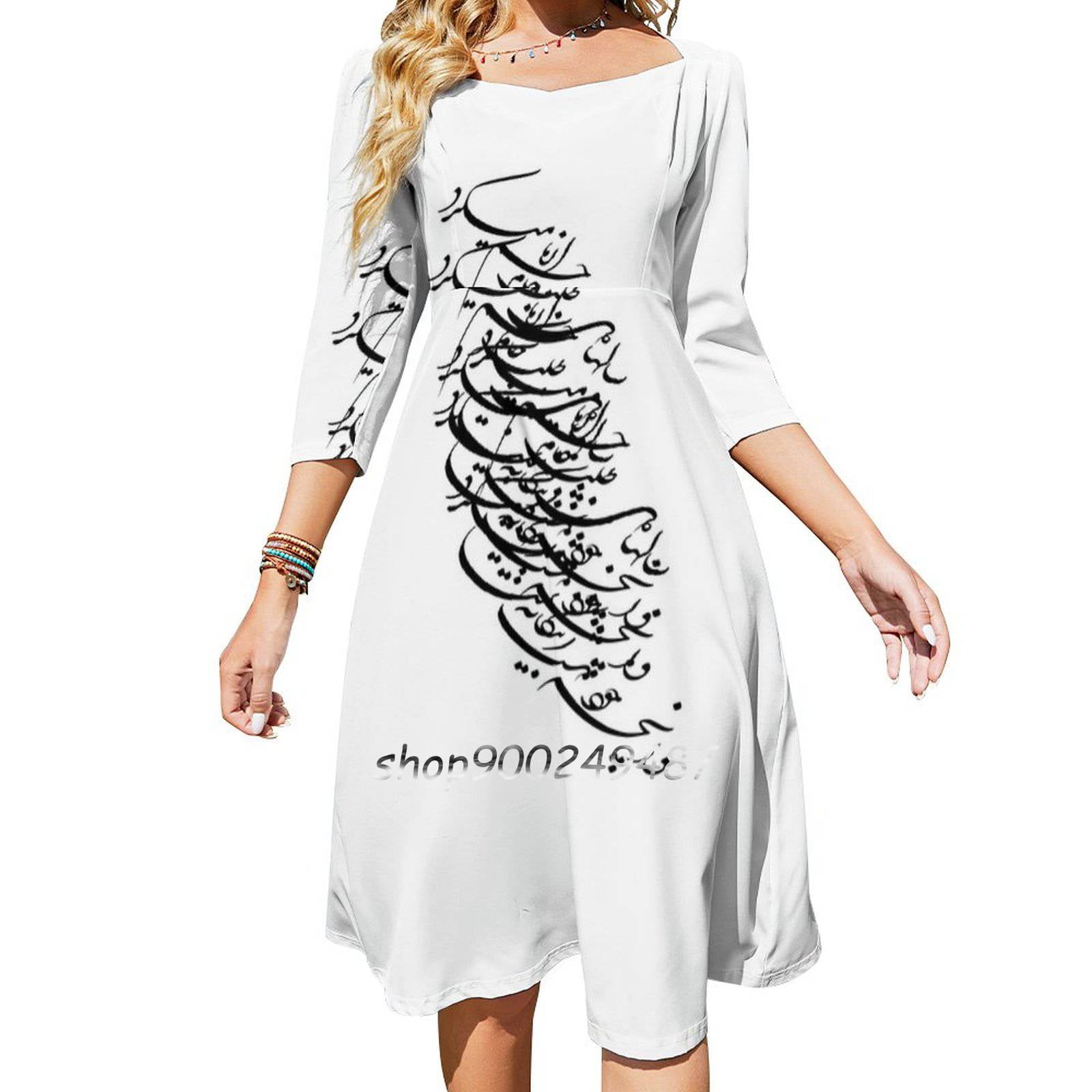 Persian Calligraphy Design Square Neck Dress Sweet Summer Dress Women ...