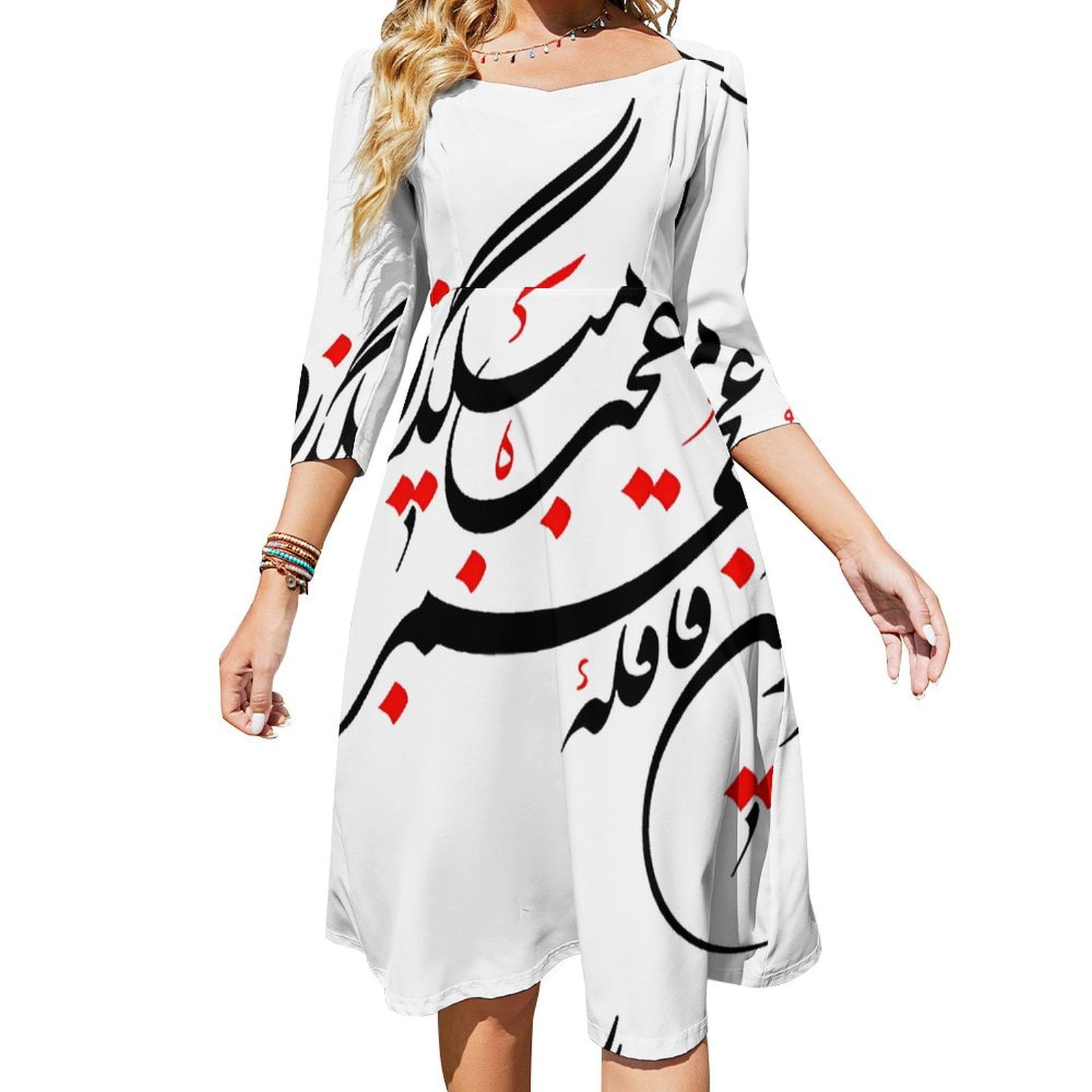Persian Calligraphy (Life & Time) Women's 3/4 Sleeve Dresses Elegant A ...