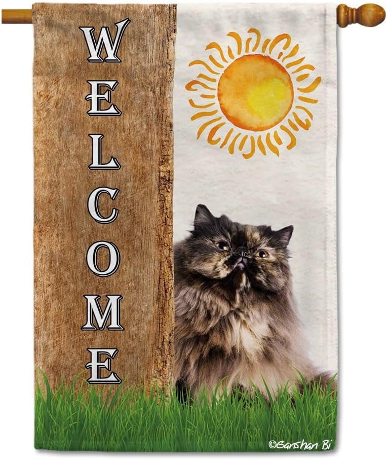 Persian Cat Spring Summer Welcome House Flag Dog Hides Behind a Tree ...