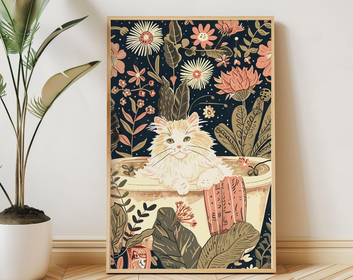 Persian Cat Wall Art On Fine Art Paper, Boho Kitten Jungle Bathroom ...