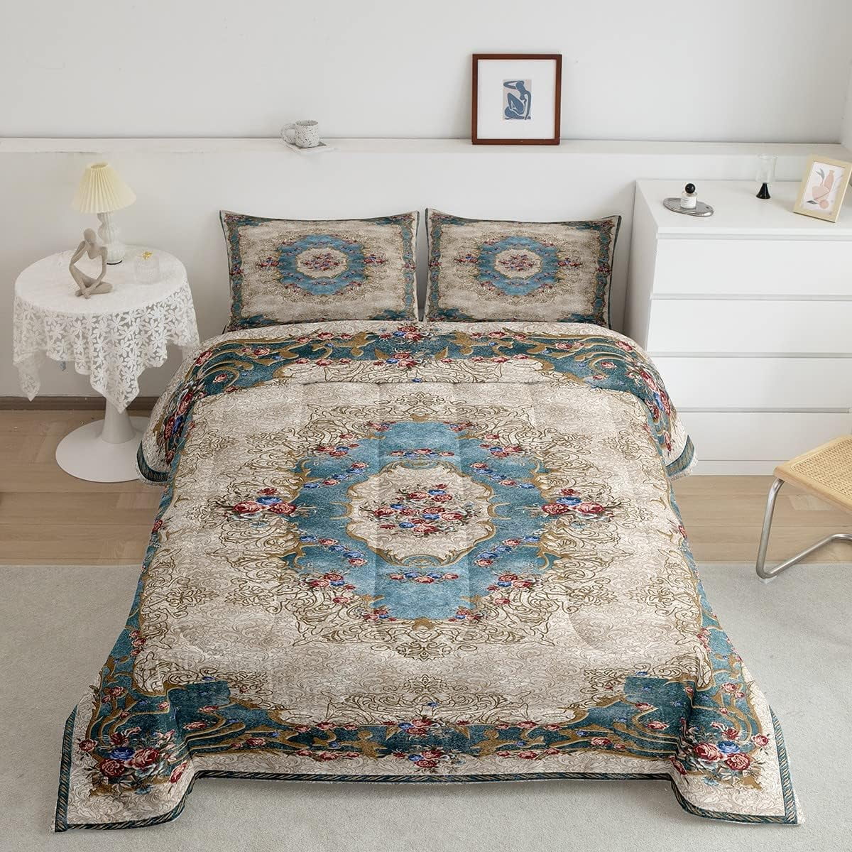 Persian Comforter Set King Exotic Flowers Bedding Blue Grey Farmhouse ...