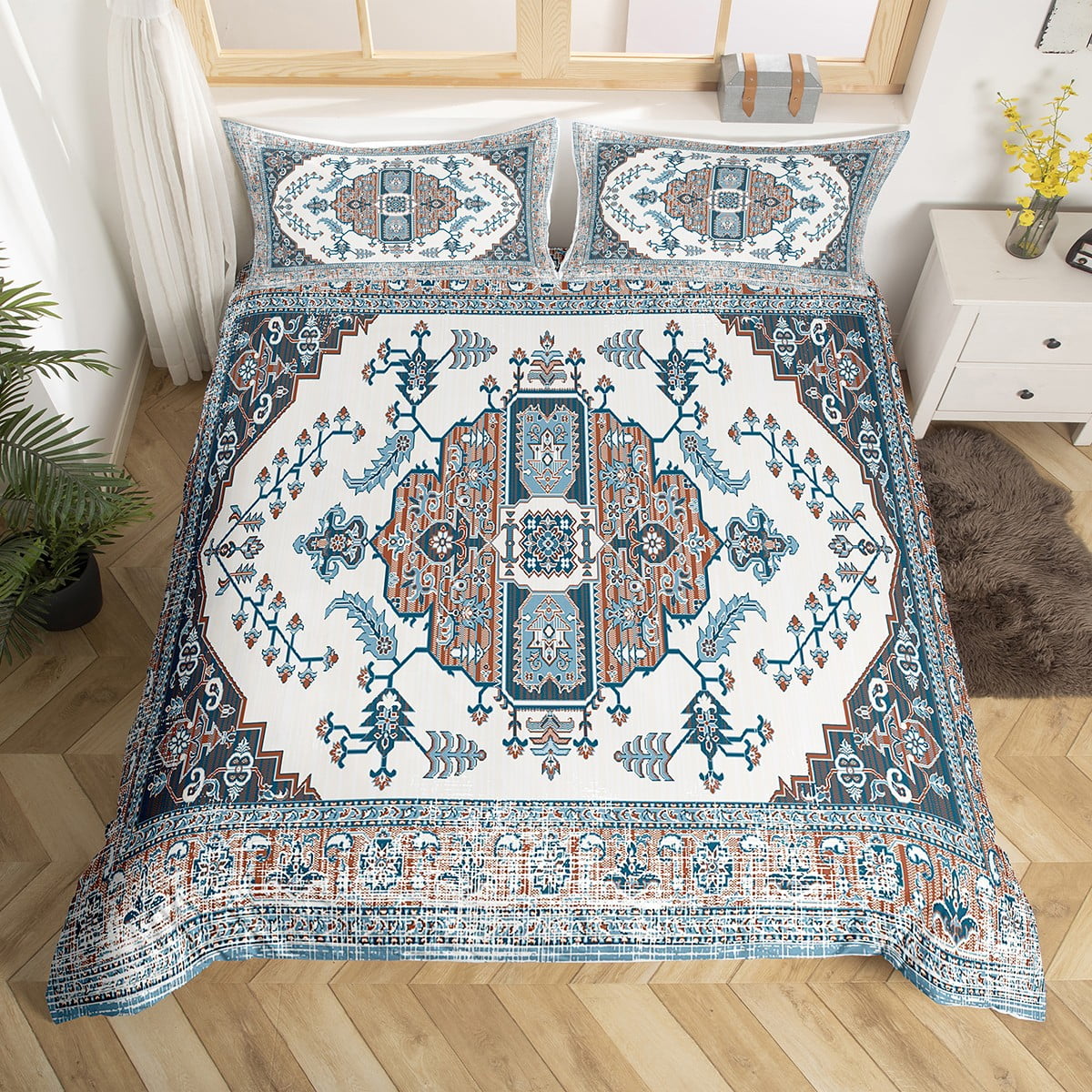 Persian Duvet Cover Full, Exotic Flowers Bedding Set, Blue Grey ...