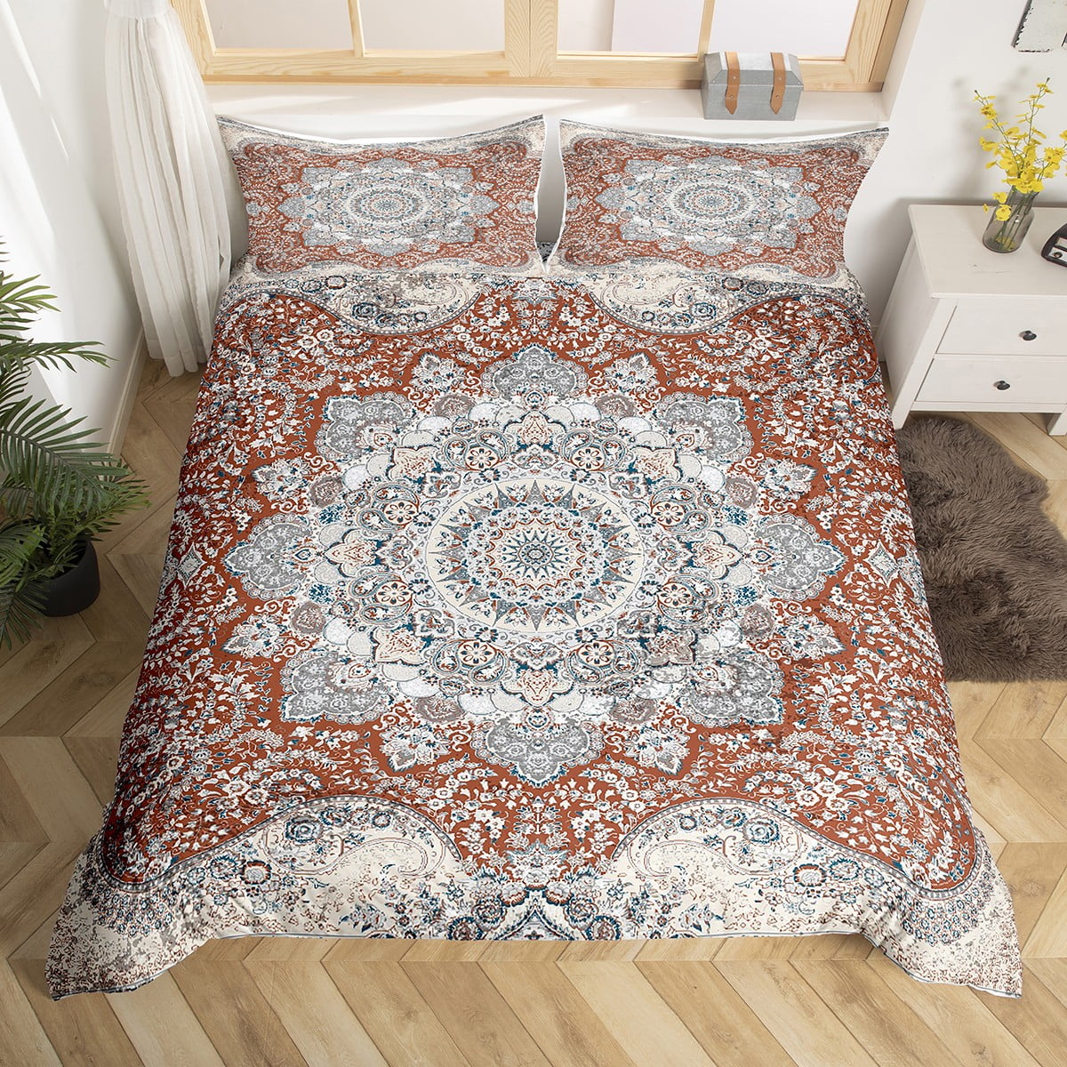 Persian Duvet Cover Queen, Exotic Flowers Bedding Set, Brown Grey ...