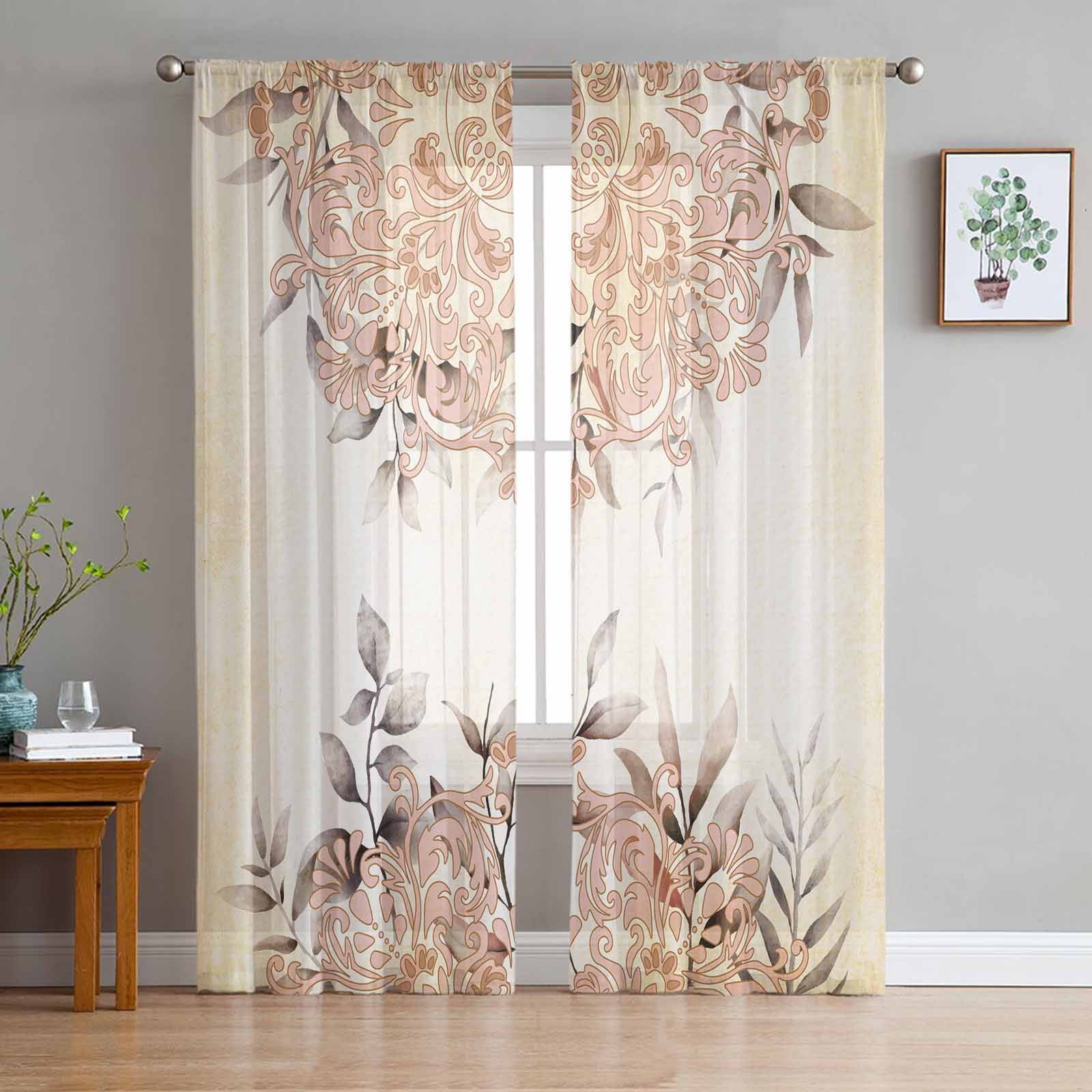Persian Patterned Watercolor Leaves Sheer Curtains for Living Room ...