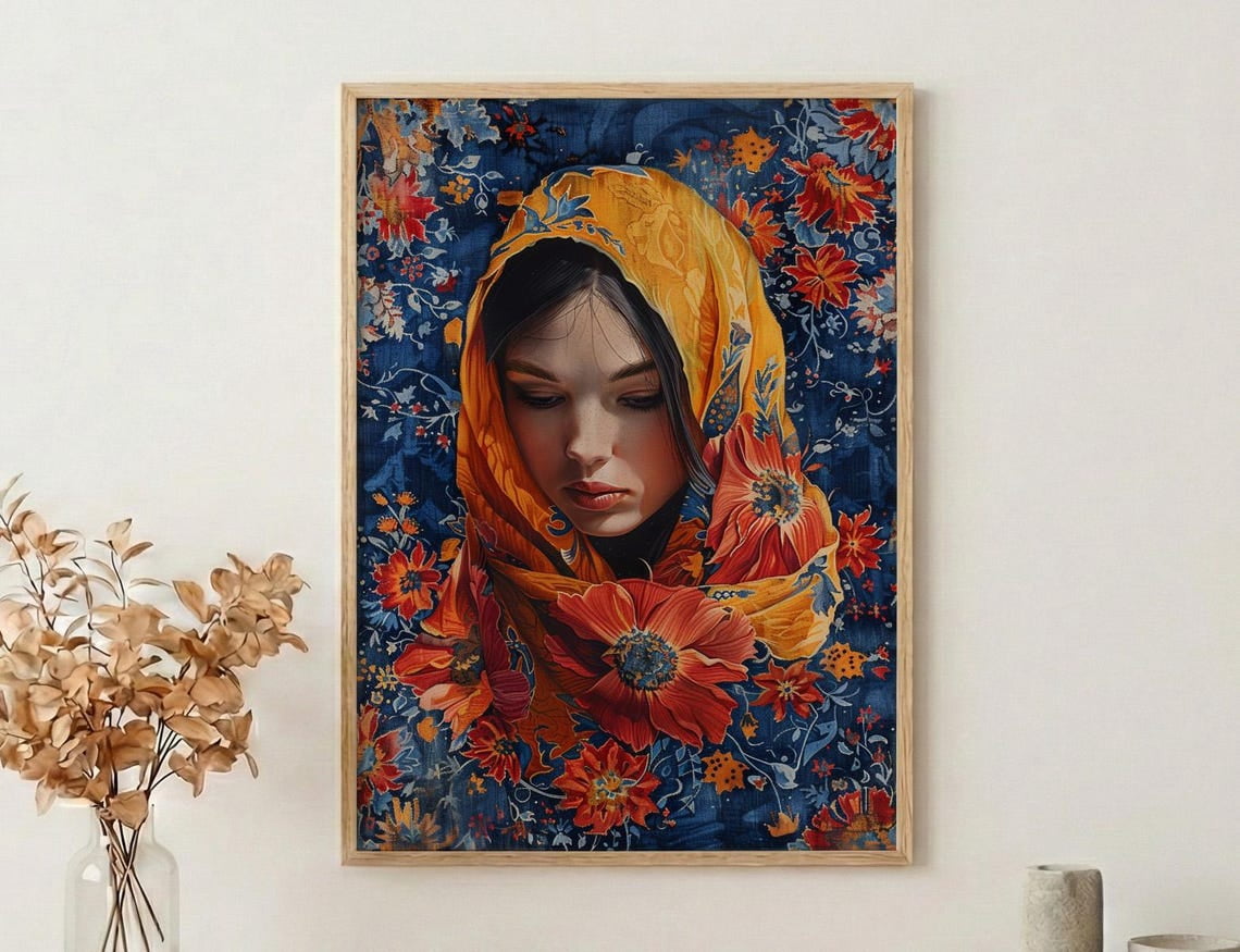 Persian Rug Floral Pattern Boho Impasto Red Blue Texture Art ...