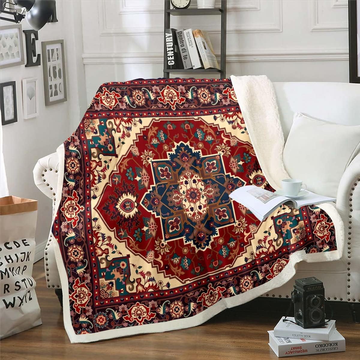 Persian Sherpa Blanket Scarlet Oriental Medallion Blanket, Hippie ...