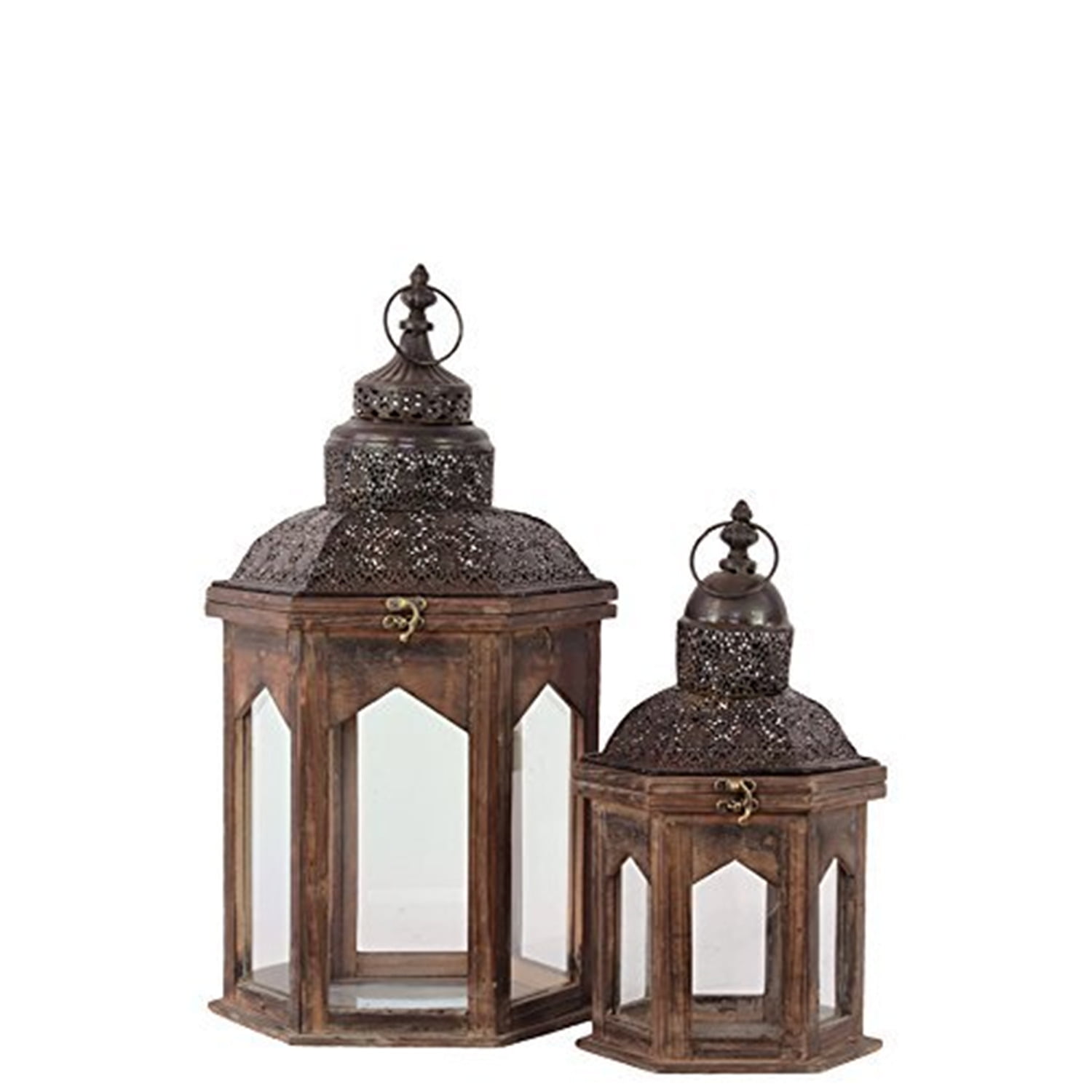 Persian Style Wooden Lantern Set Of Two In Antique Brown Finish W/ Dome Shaped Roofs - Walmart.com