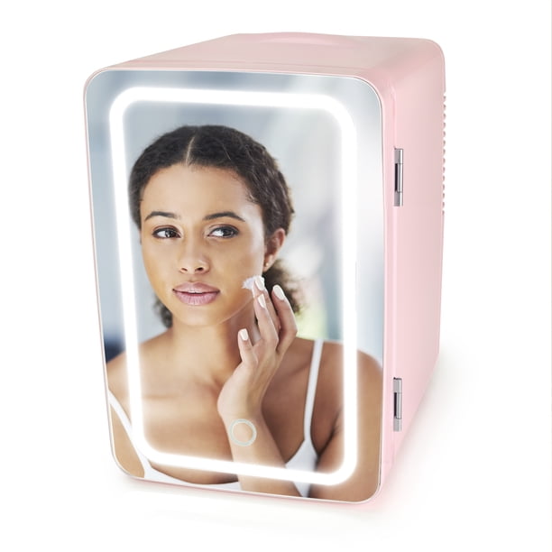 Personal Chiller Mini Fridge with LED Lighted Mirror Door, Coral ...