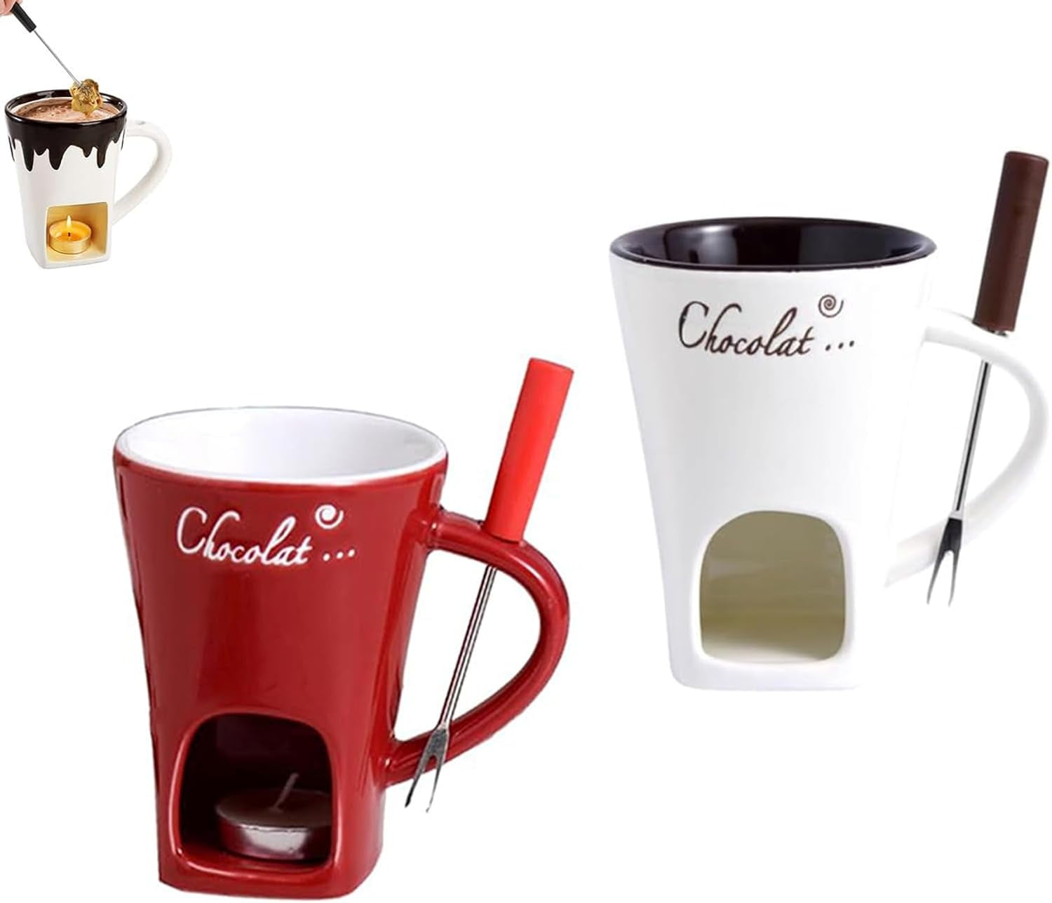 Personal Chocolate Fondue Set of 2, Ceramic Melting Mugs with Forks ...