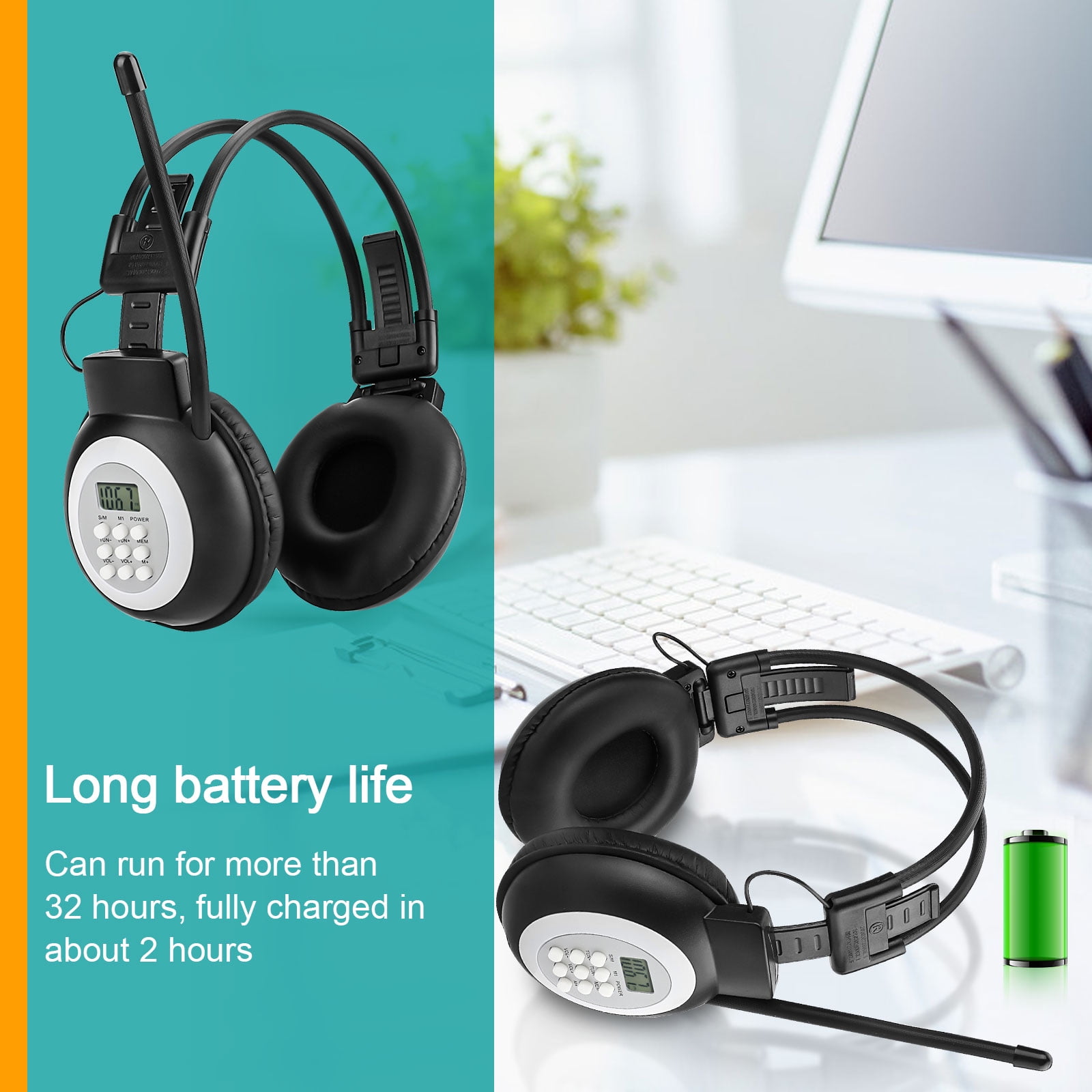 Personal FM Radio Headphones with Built-in Radio, Wireless FM Headset ...