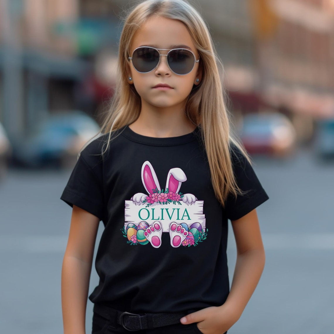 Personalised Kids Easter Bunny T-Shirt, Cute flower bunny design for boys or girls, Childrens T ...