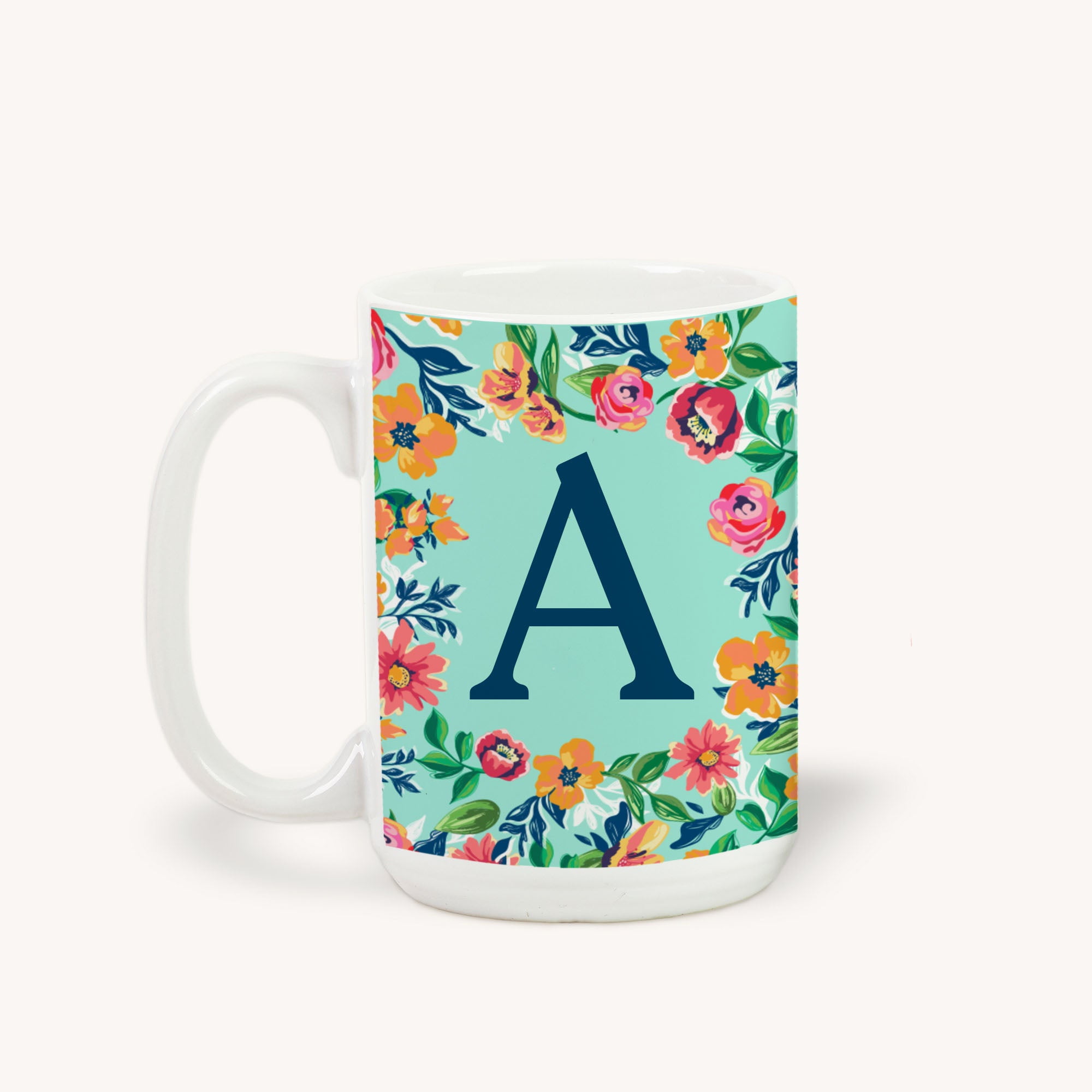 Personalization Mall Flowery Initial Coffee Mug, 15 Oz., Blue Aqua, A ...