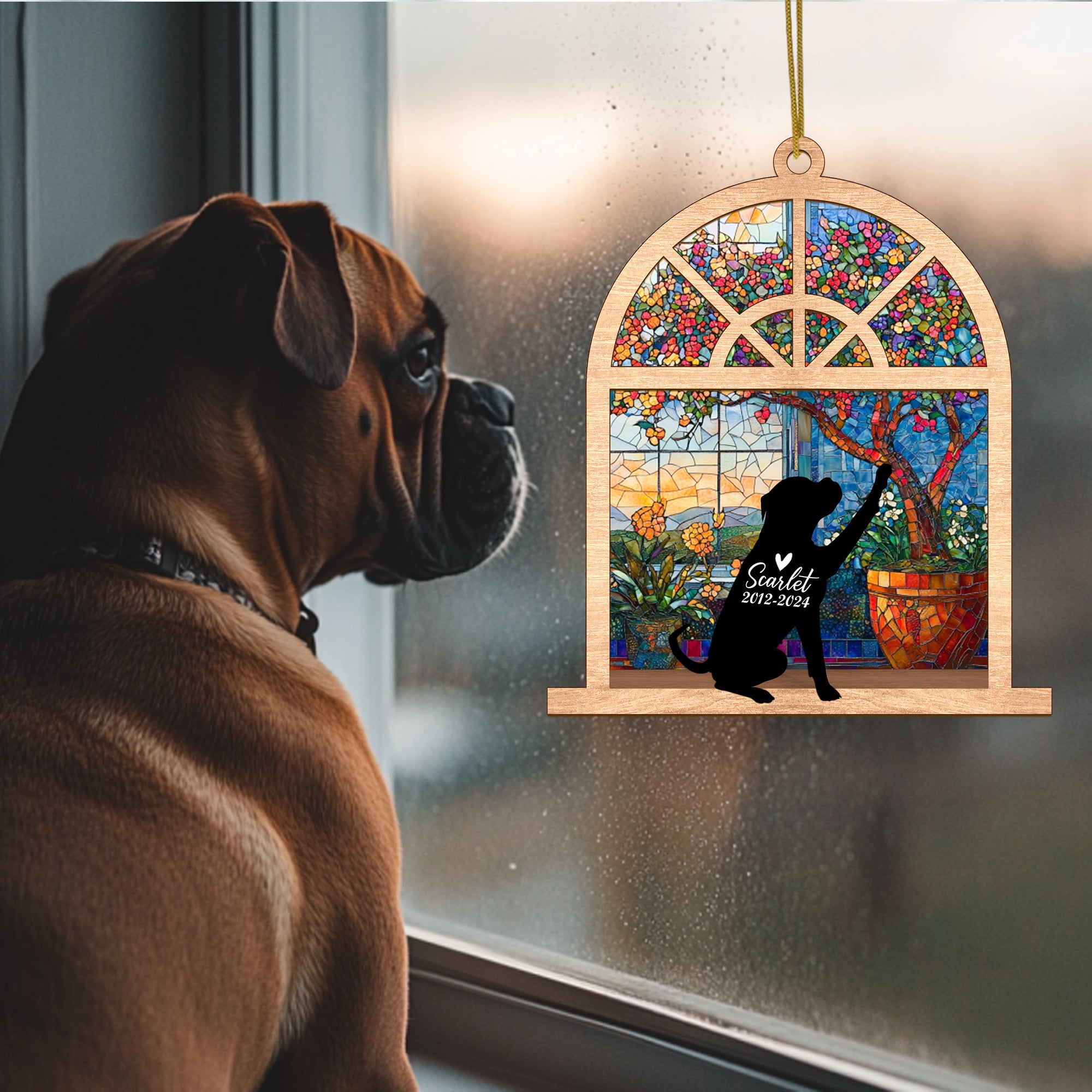 Personalize Boxer Dog Memorial Sun Catcher, Custom Dog Silhouette Ornament, Faux Stained Glass ...