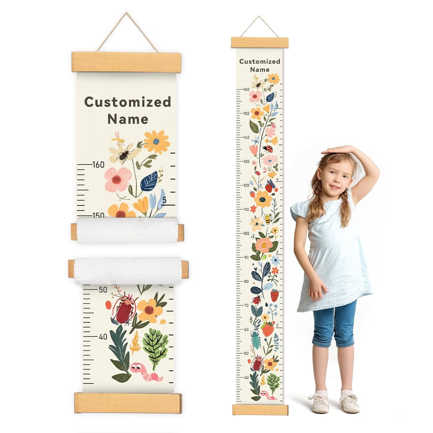Personalize Name Growth Chart for Kids, Flower Canvas Height Chart Ruler Removable Hanging Wall ...