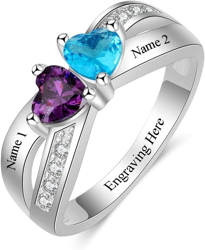 Personalized 2 Simulated Birthstone Rings for Women Mothers Ring with ...