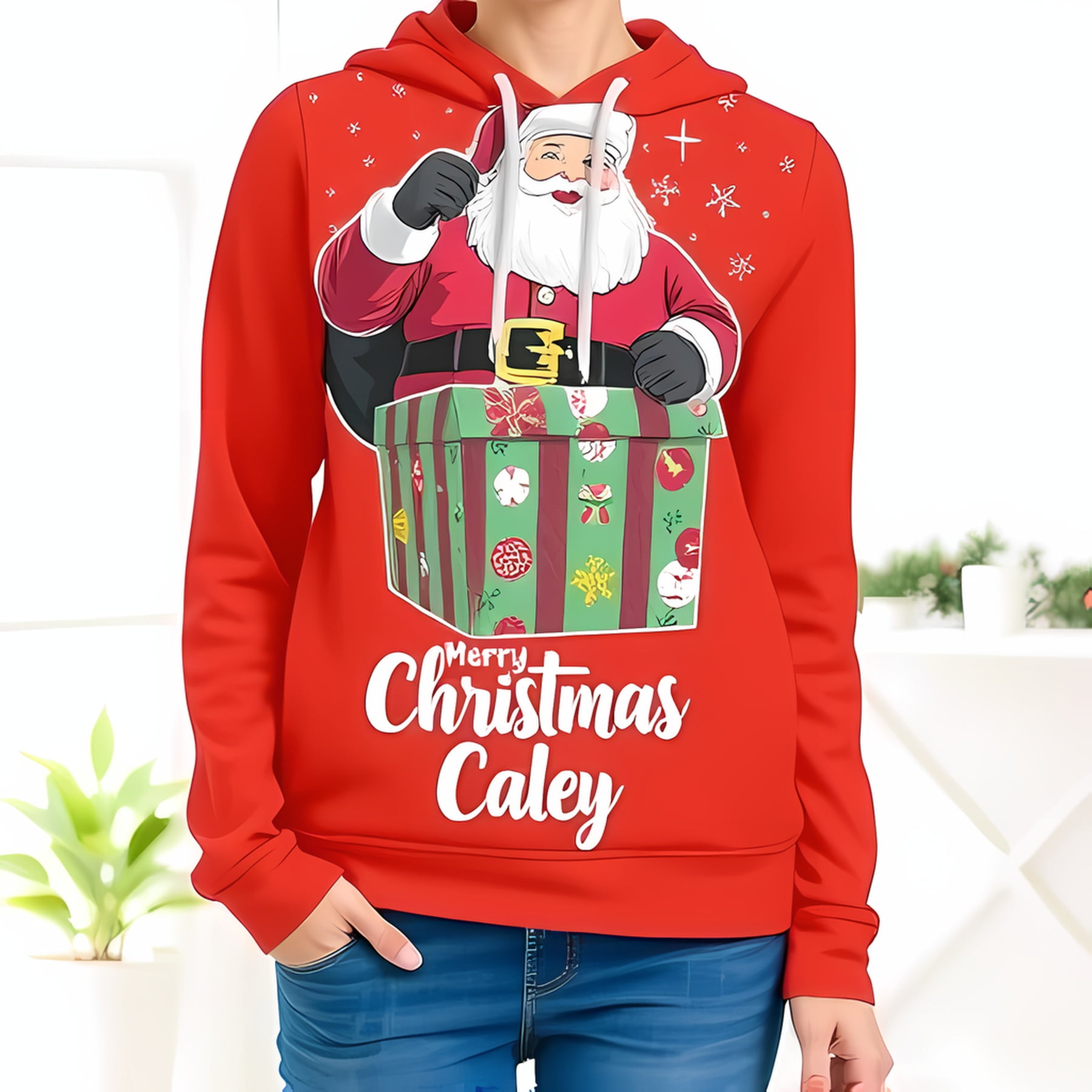 Personalized 3D Christmas Hoodie for Women - Red Santa Claus Gift Box ...