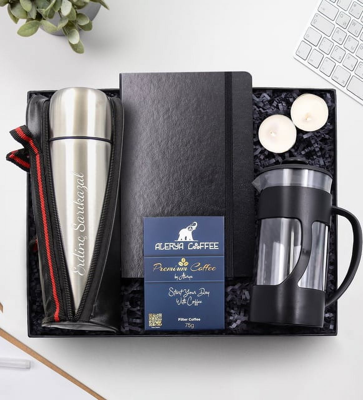 Personalized 500 ML Leather Bag Silver Thermos & Black French Press ...