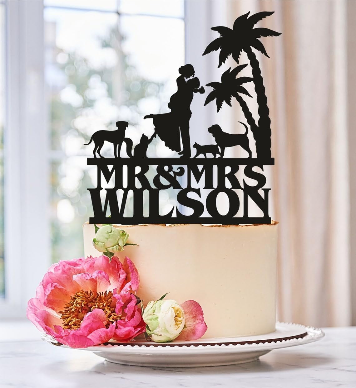 Personalized Acrylic Cake Toppers，Mr & Mrs Cake Topper With a Cat Dog,Beach Cake Topper,Cake ...