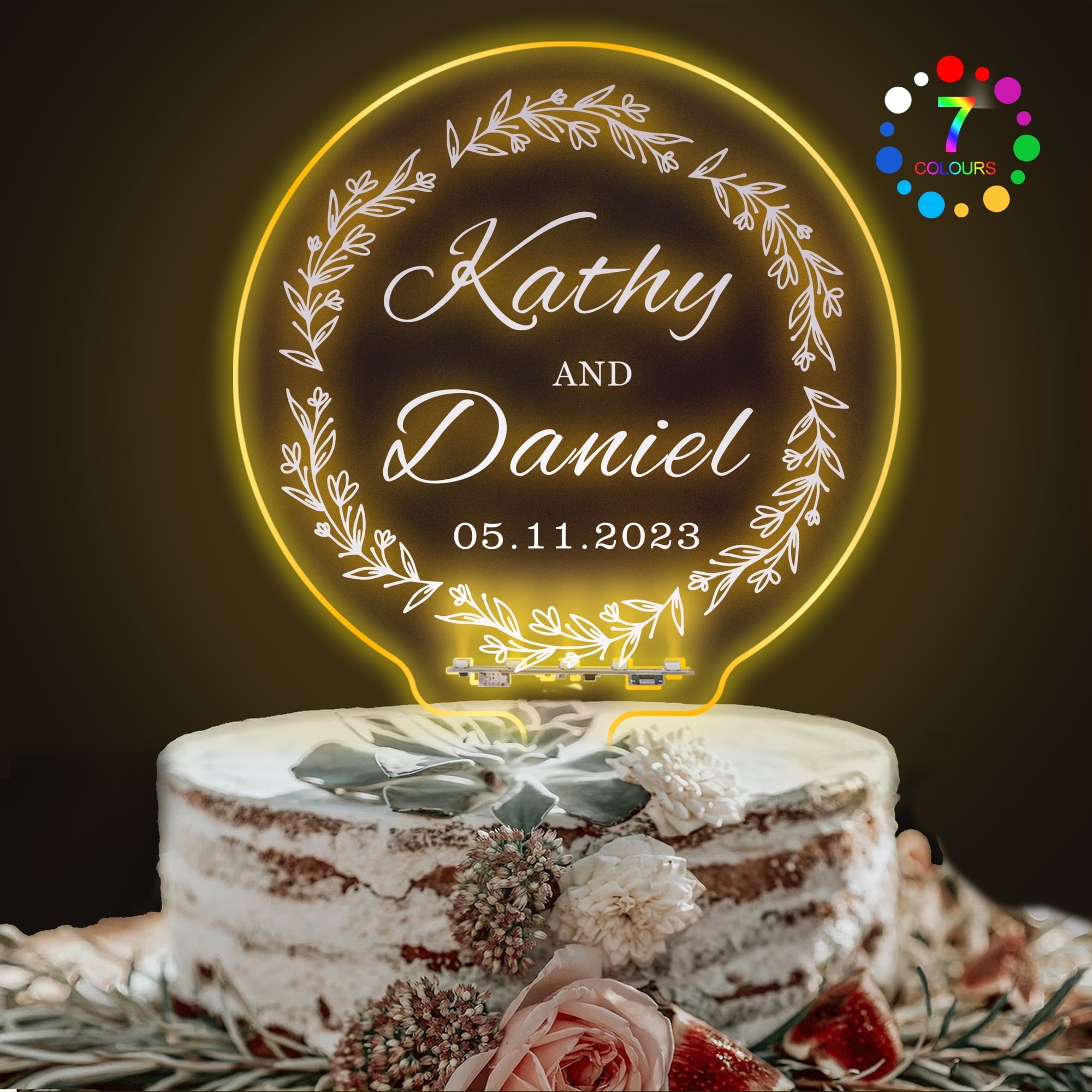 Personalized Acrylic Wedding Cake Toppers 7 Colors Changes LED Light Up ...