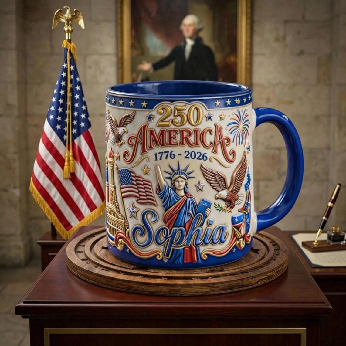 Personalized America 250th Anniversary Mug, Faux 3D Patriotic Mosaic ...
