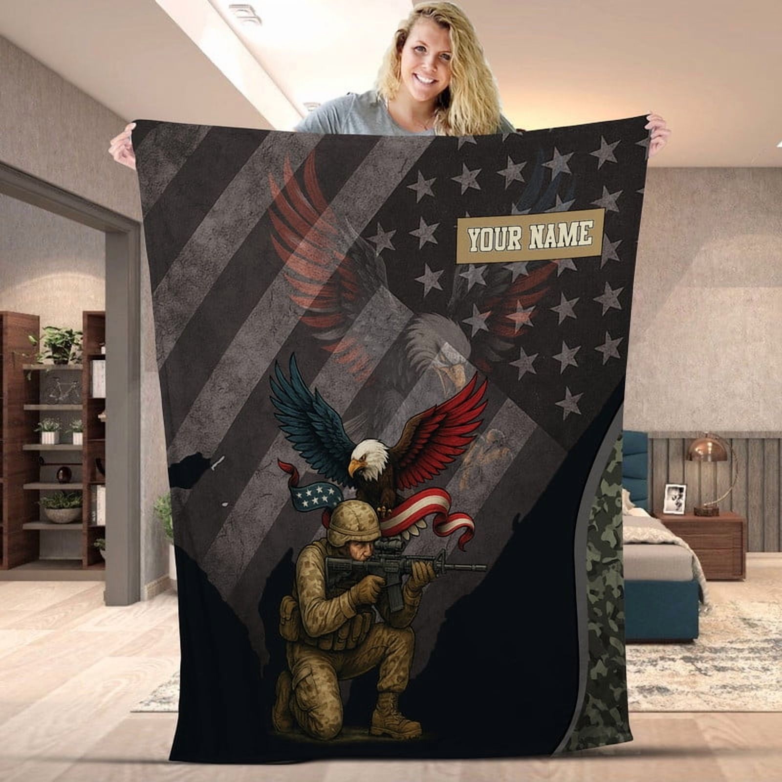 Personalized American Flag and Soldier Military Blanket – Custom Name ...