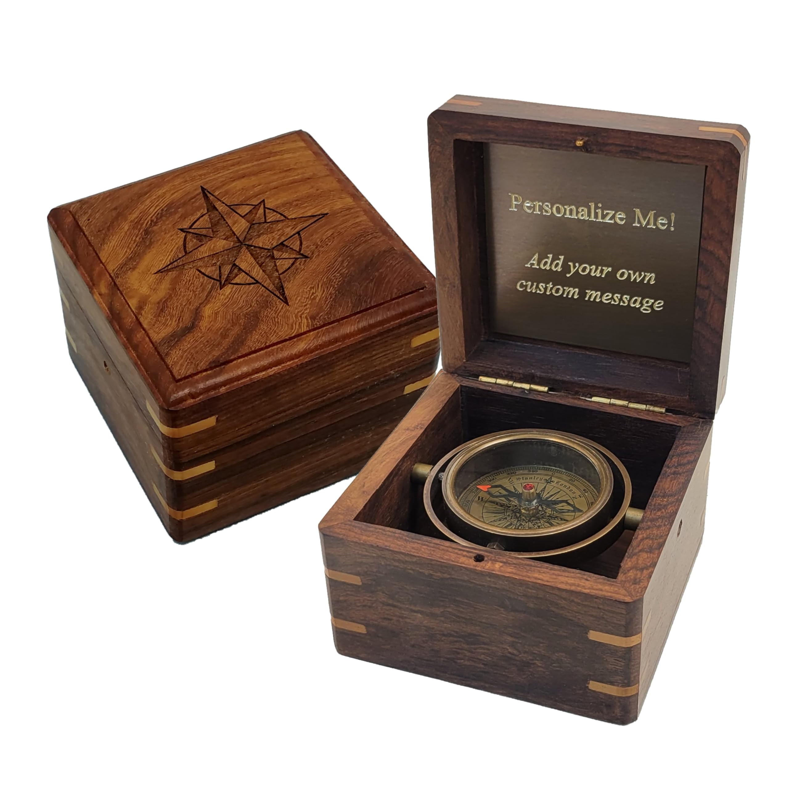 Personalized Antique Brass Compass in Wood Box, Engraved Desk Compass ...