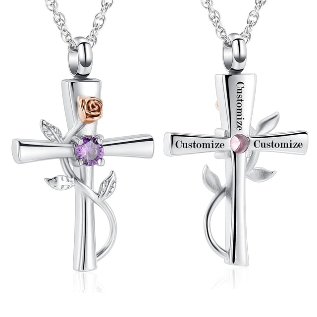 Personalized Ash Necklaces Cross with Birthstone Rose Cremation Jewelry ...
