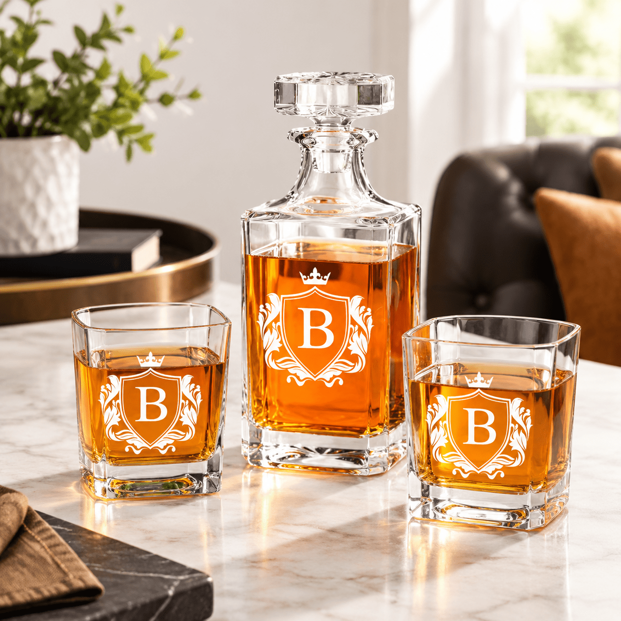 Personalized B Letter Engraved Decanter Set with 10oz Glasses for Men ...