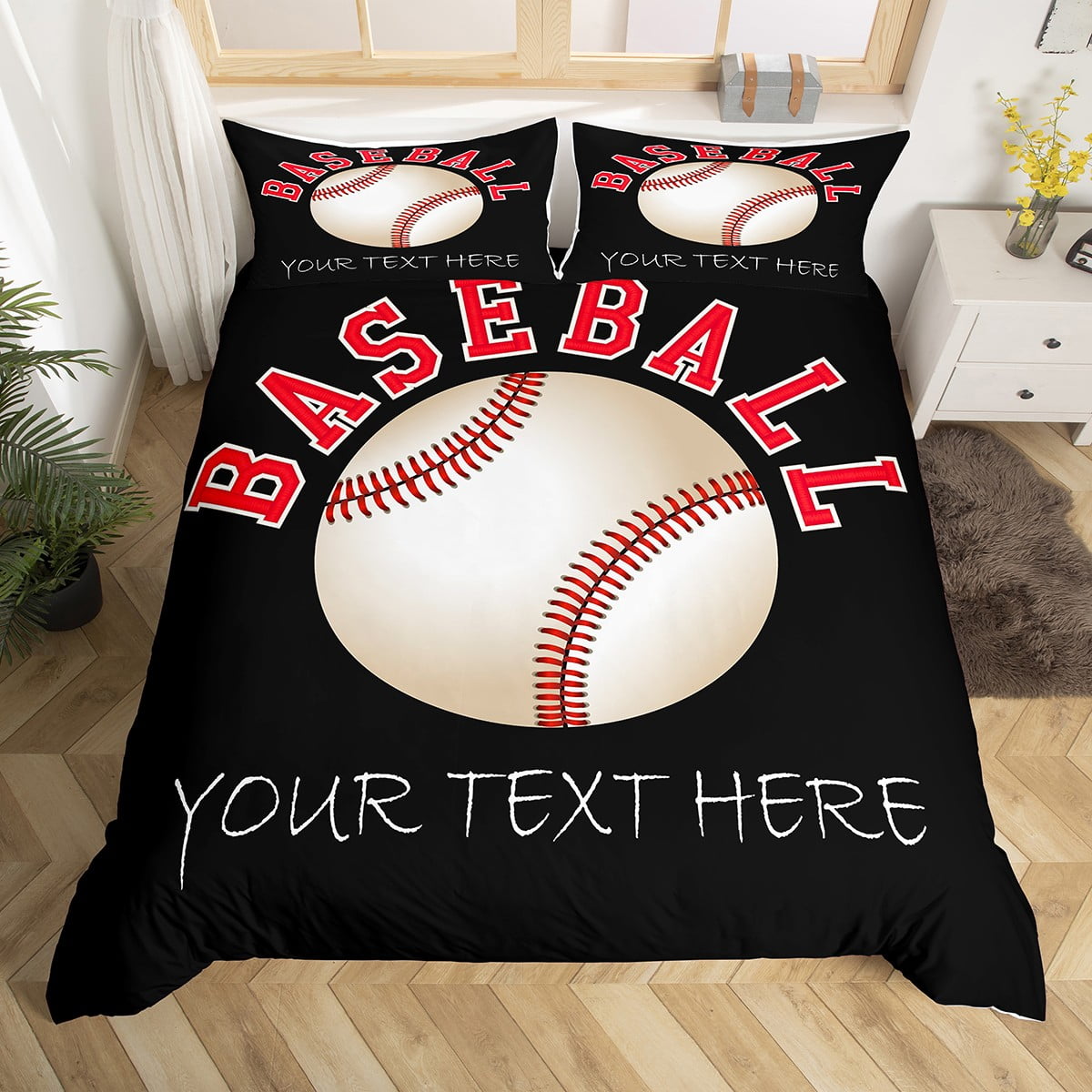 Personalized Baseball Comforter Cover Sports Ball Duvet Cover Red Black ...