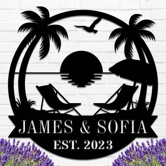 Personalized Beach Metal Monogram Sign, Custom Palm Trees Metal Name ...